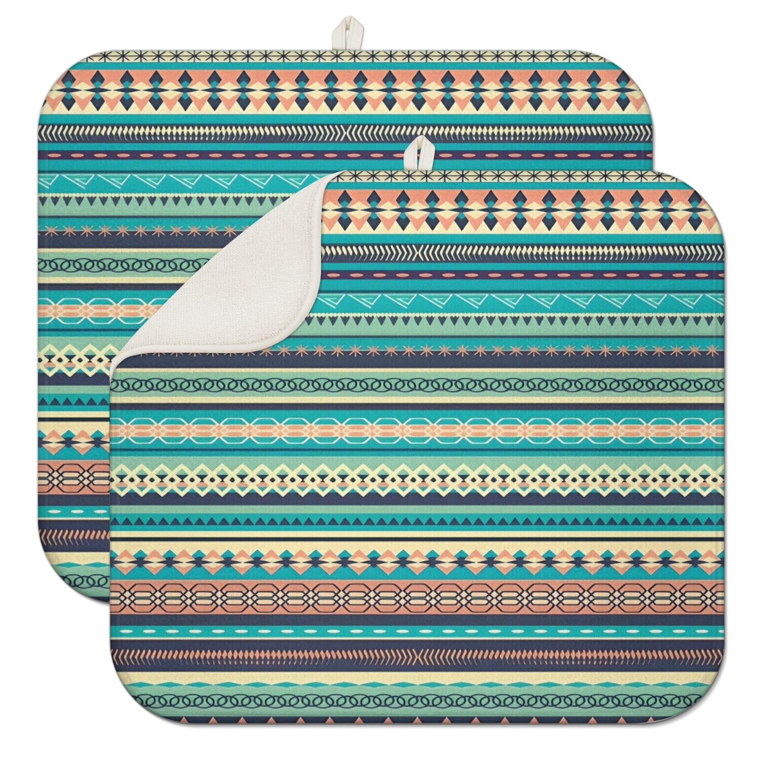 Blue and Orange Diamond Shaped Geometric Boho Pattern Dish Drying Mat ...