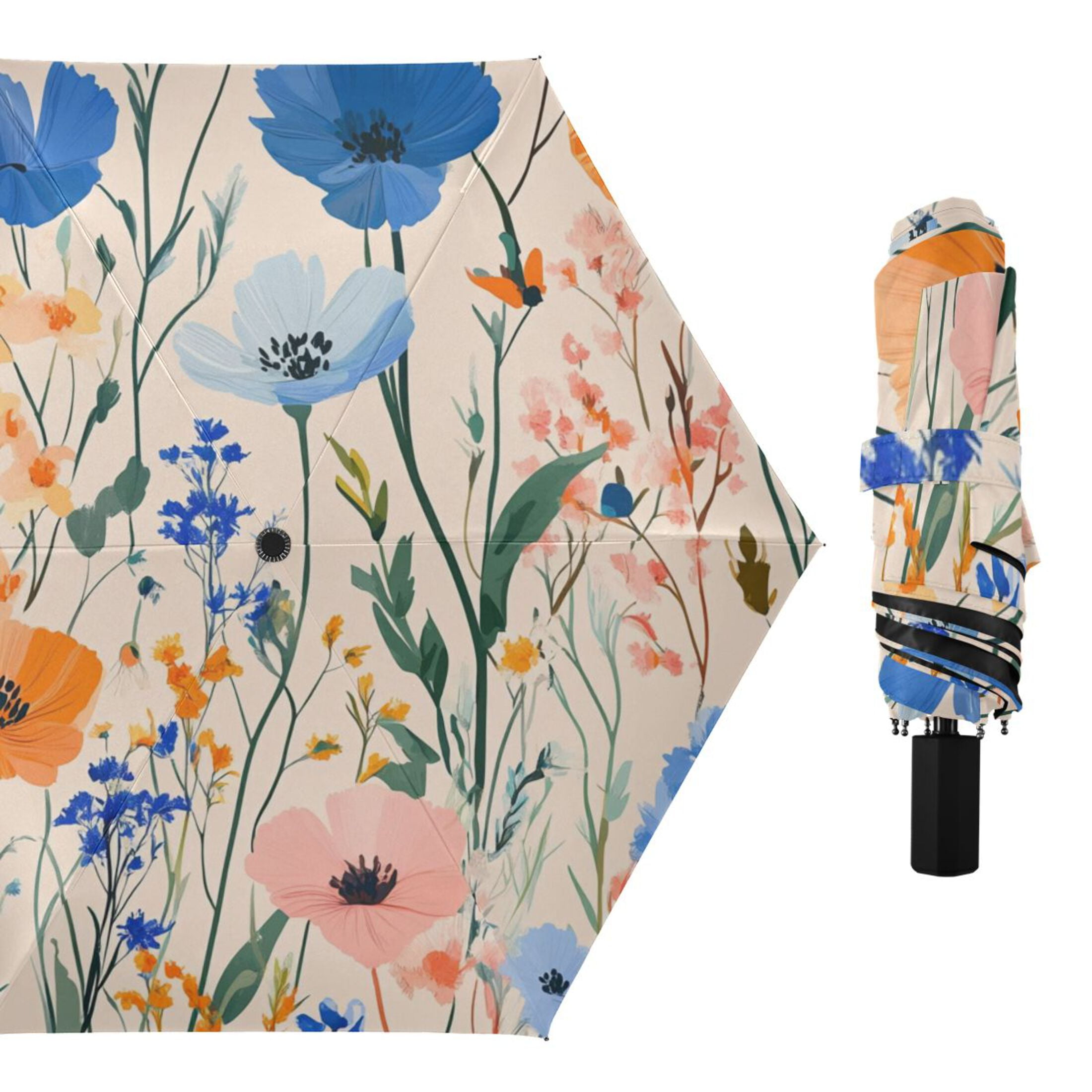 Blue and Orange Flowers Digital Print All Weather Umbrella Triple ...