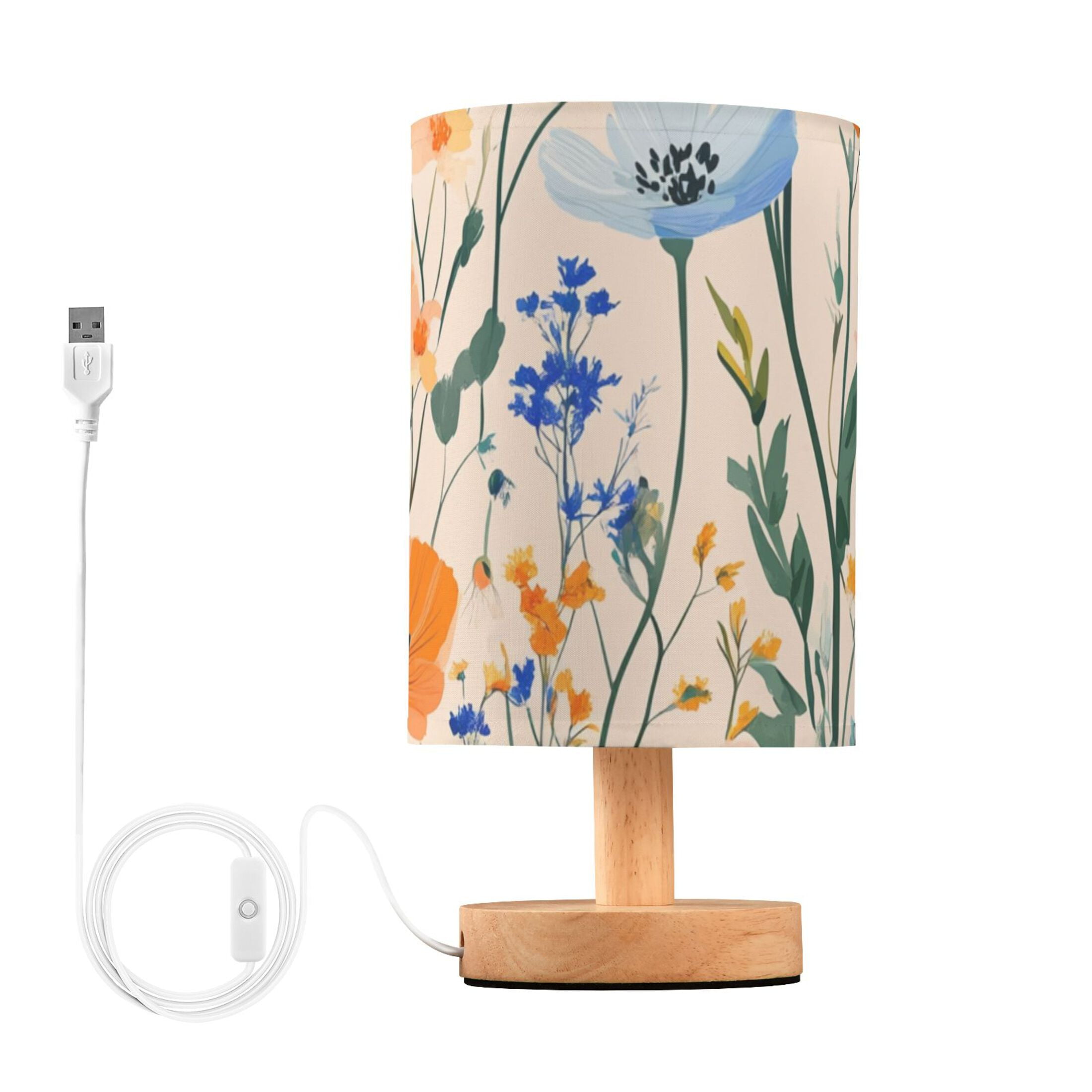 Blue and Orange Flowers Digital Print Table Lamp with USB Port LED Warm ...