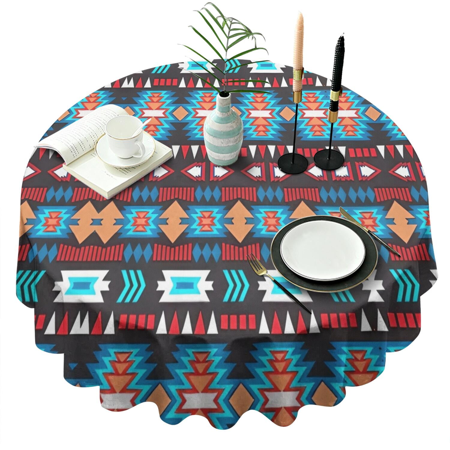 Blue and Orange Geometric Boho Pattern Round Tablecloth 60"x60",Wrinkle ...