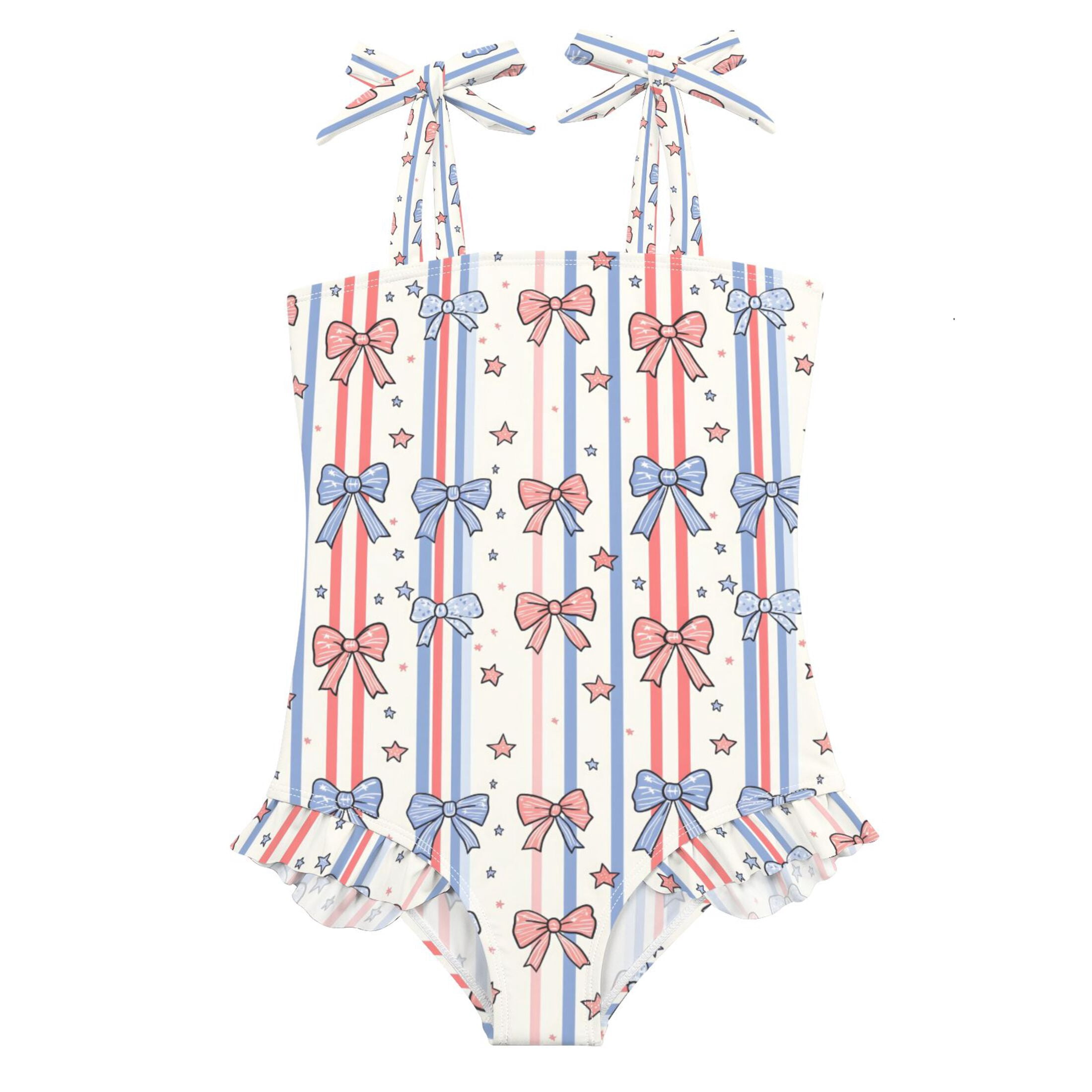Blue and Orange Stripe Girls' One-Piece Swimsuit Bowknot Tie Shoulder ...