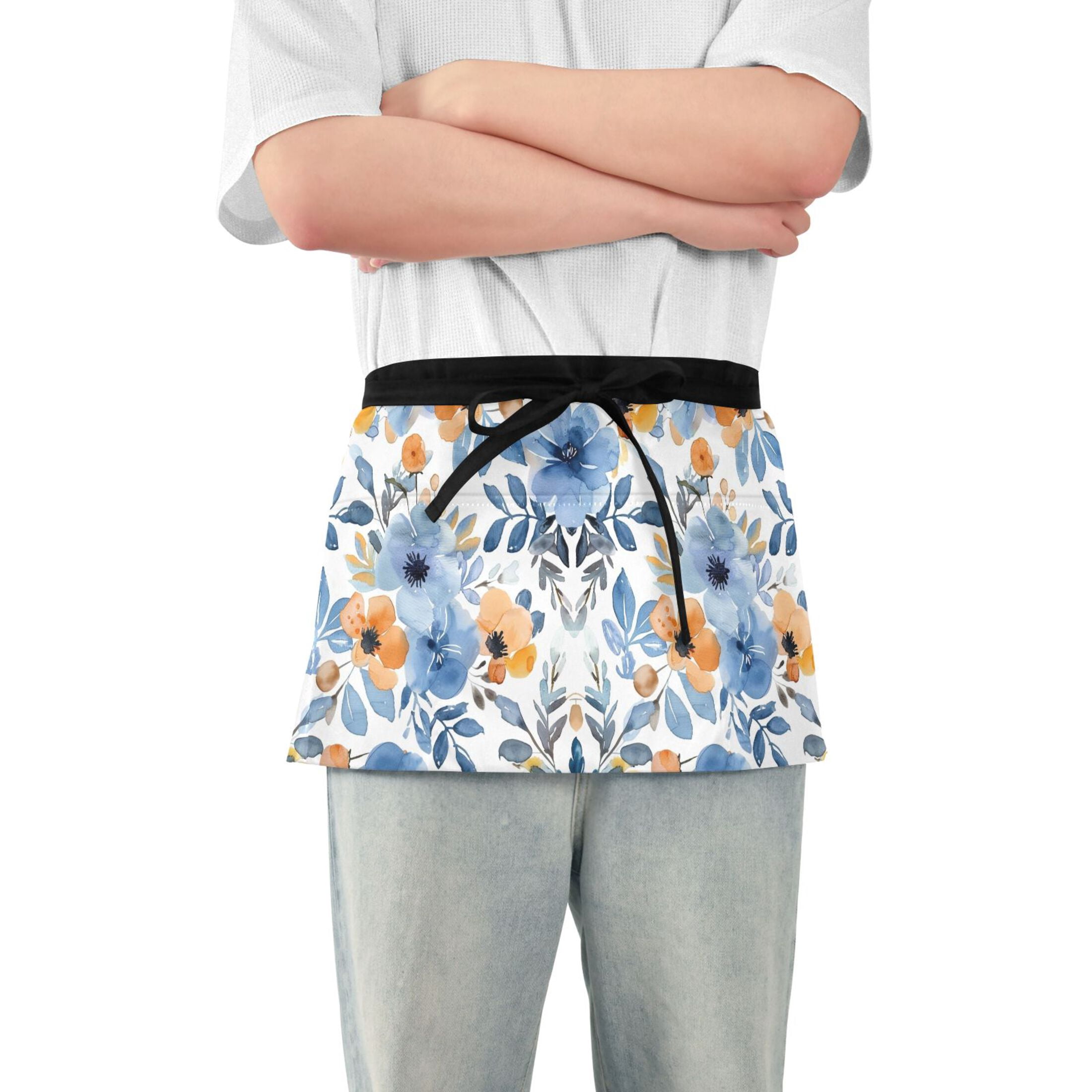 Blue and Orange Watercolor Floral Server Apron with 3 Pockets ...