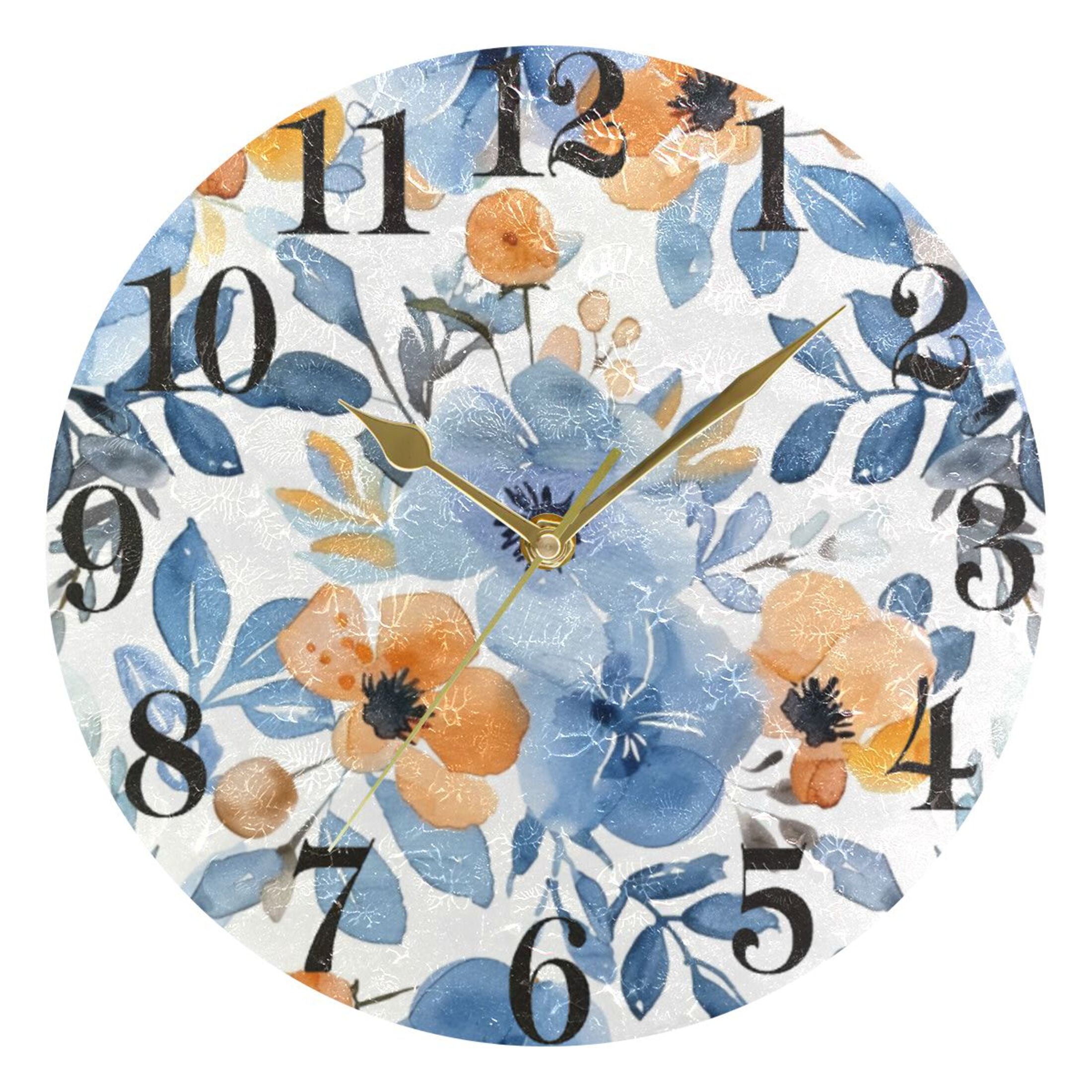 Blue and Orange Watercolor Floral Wall Clock 9.8 inch Battery Operated ...