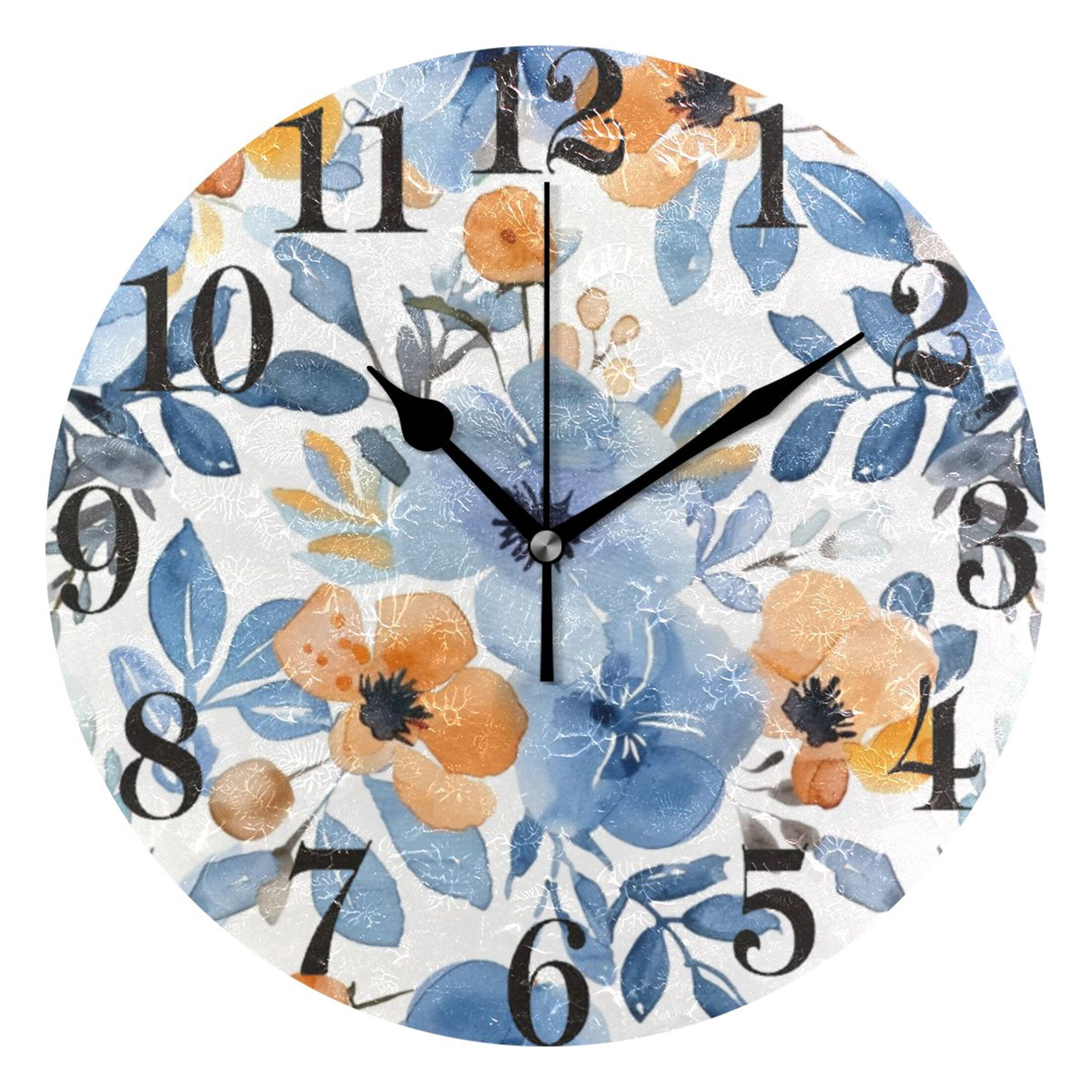 Blue and Orange Watercolor Floral Wall Clock 9.8 inch Battery Operated ...