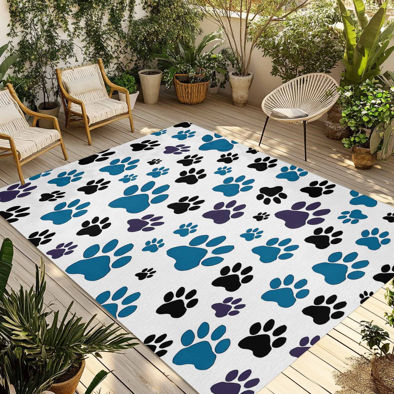 Blue and Outdoor Rug, Black Dog Paw Print Non-Slip Area Rugs Carpet ...