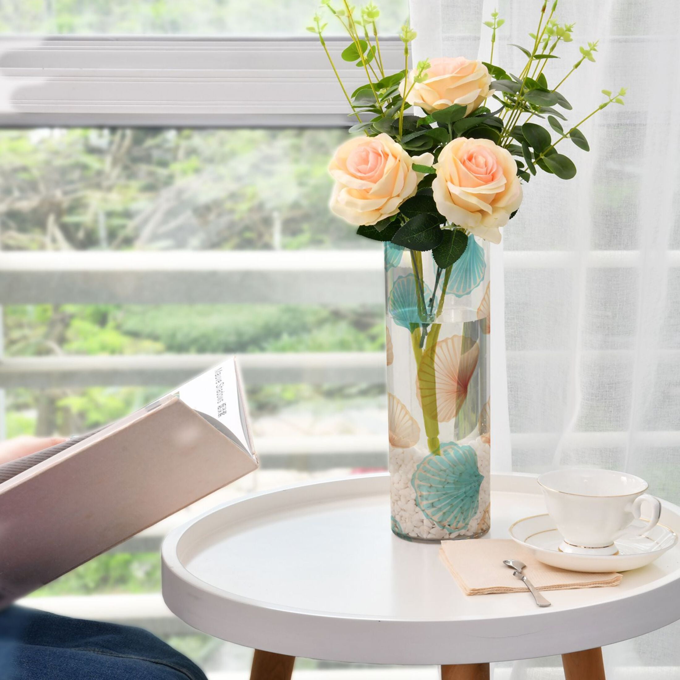 Blue and Peach Shells Flower Vase 11.8x3.9 inch Vases Clear Non ...