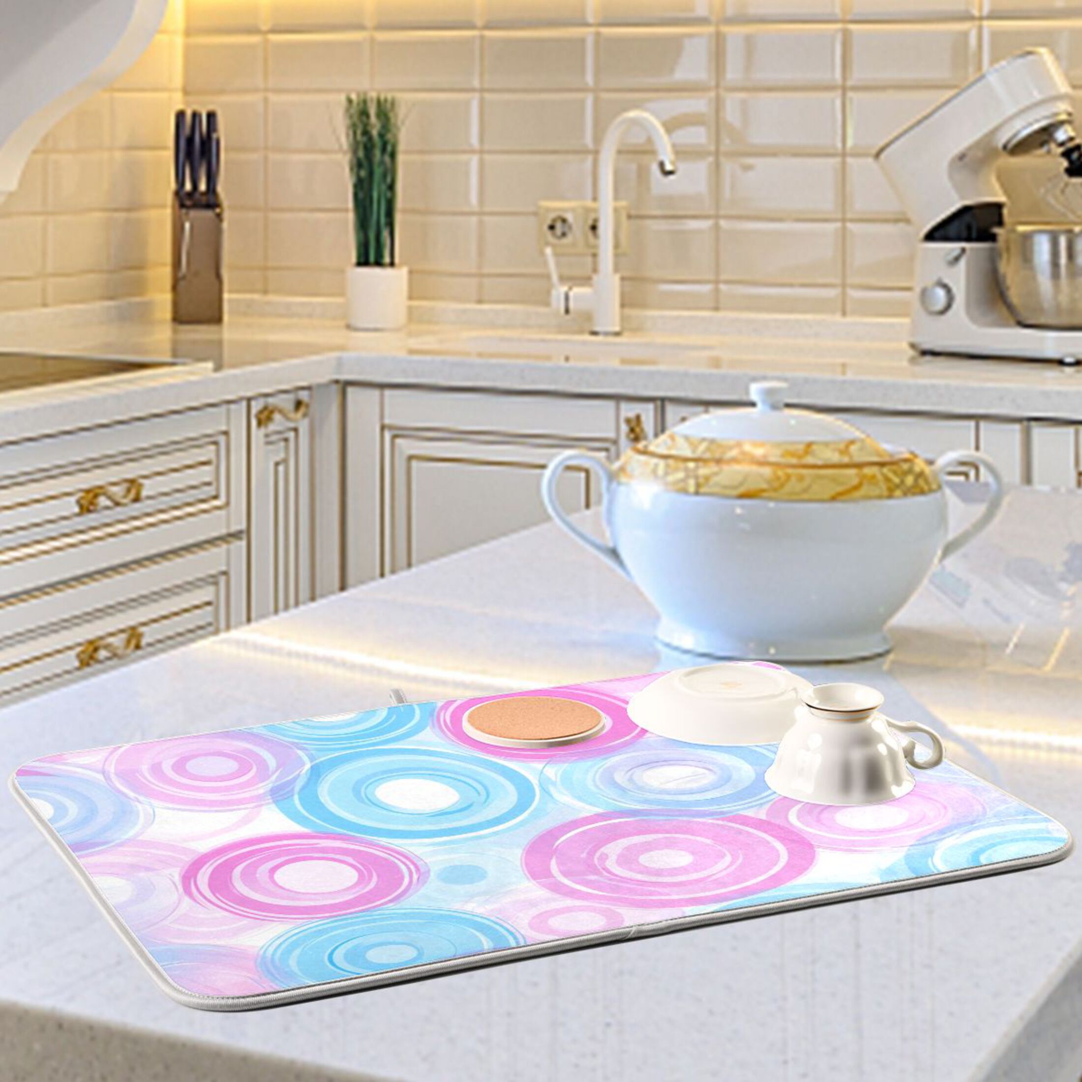 Blue and Pink Circle Dish Drying Mats for Kitchen Counter Absorbent ...