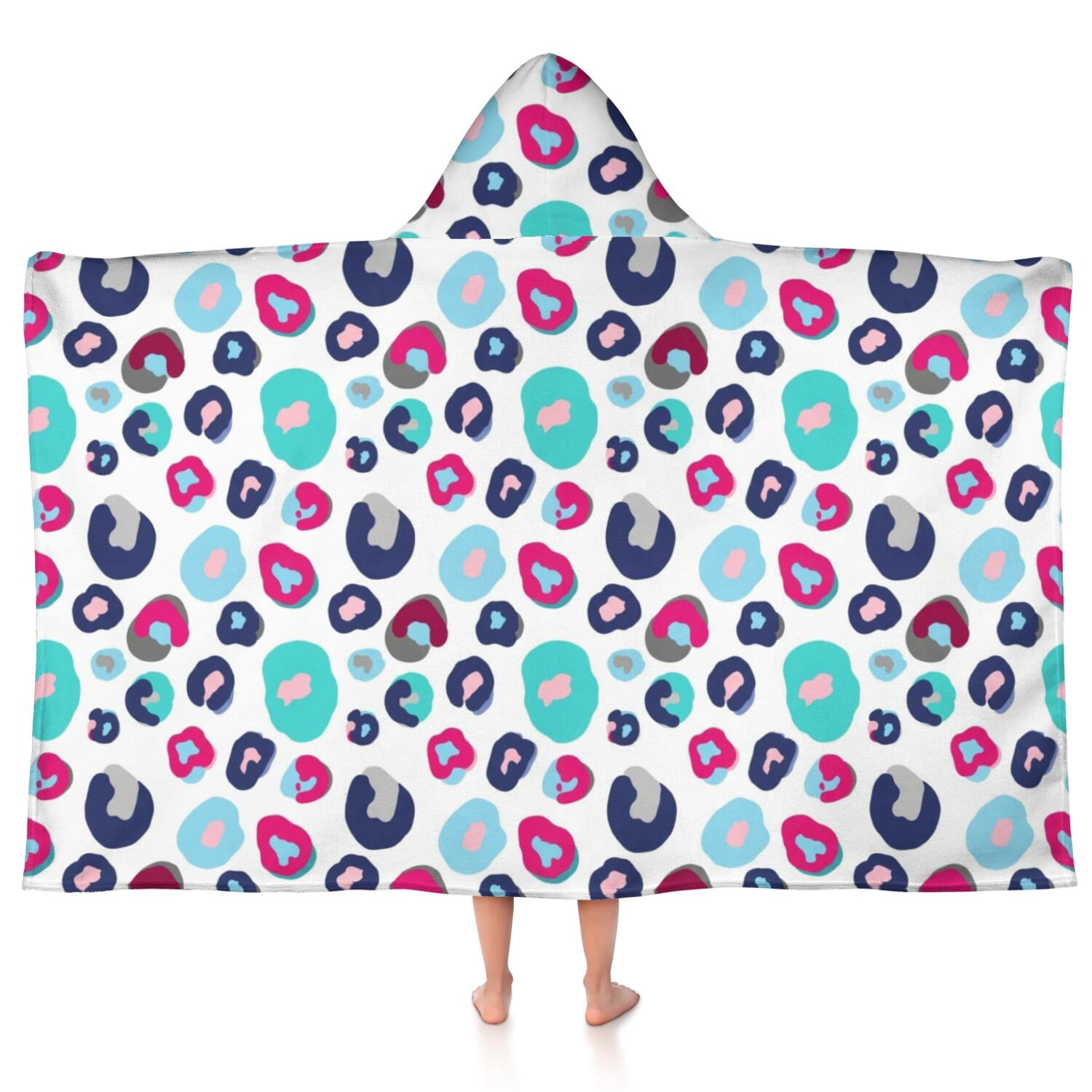Blue and Pink Leopard Print Teens Hooded Bath Towel Wrap for Ages 3 To ...