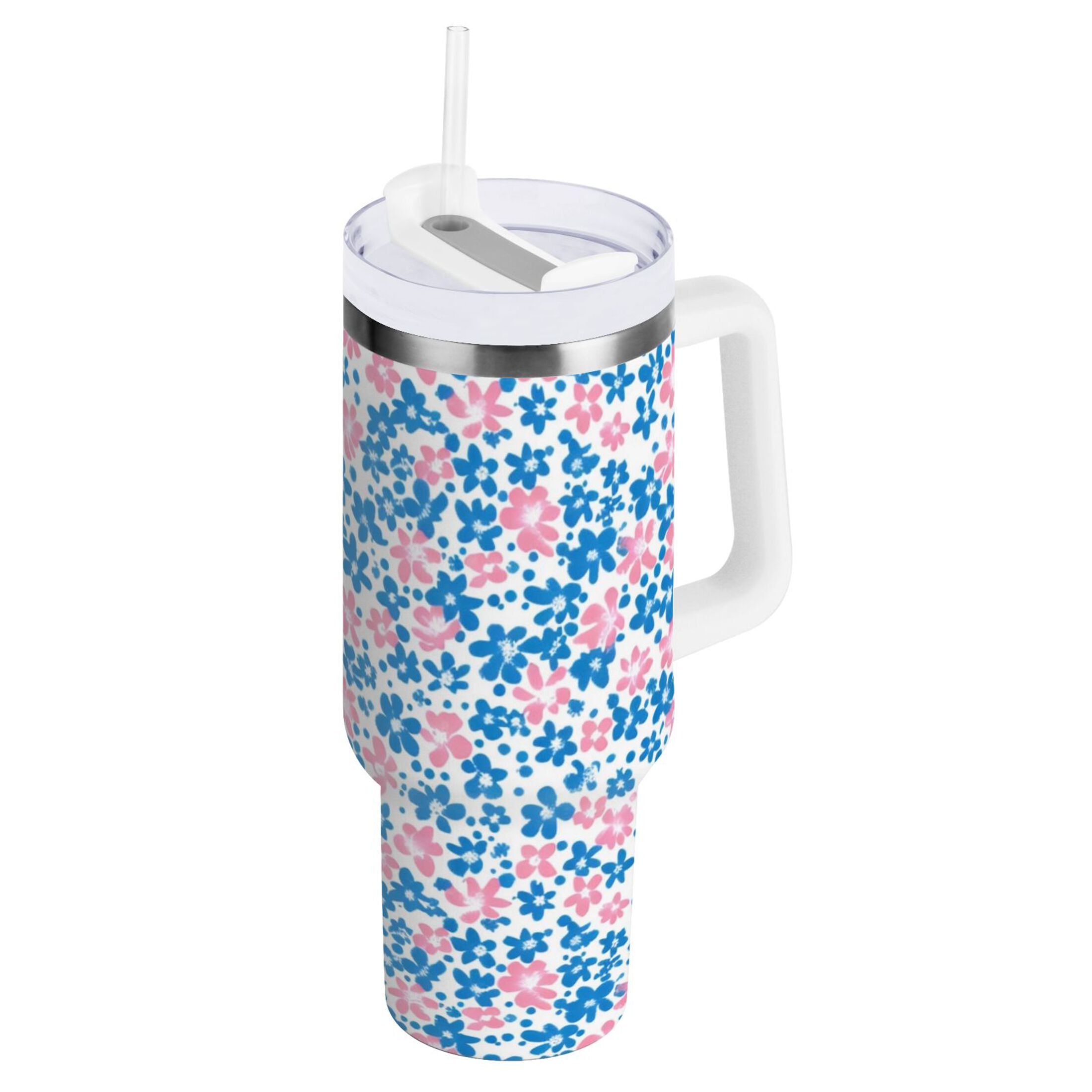 Blue and Pink Small Flowers 40 oz Tumbler with Handle and Straw Lid ...