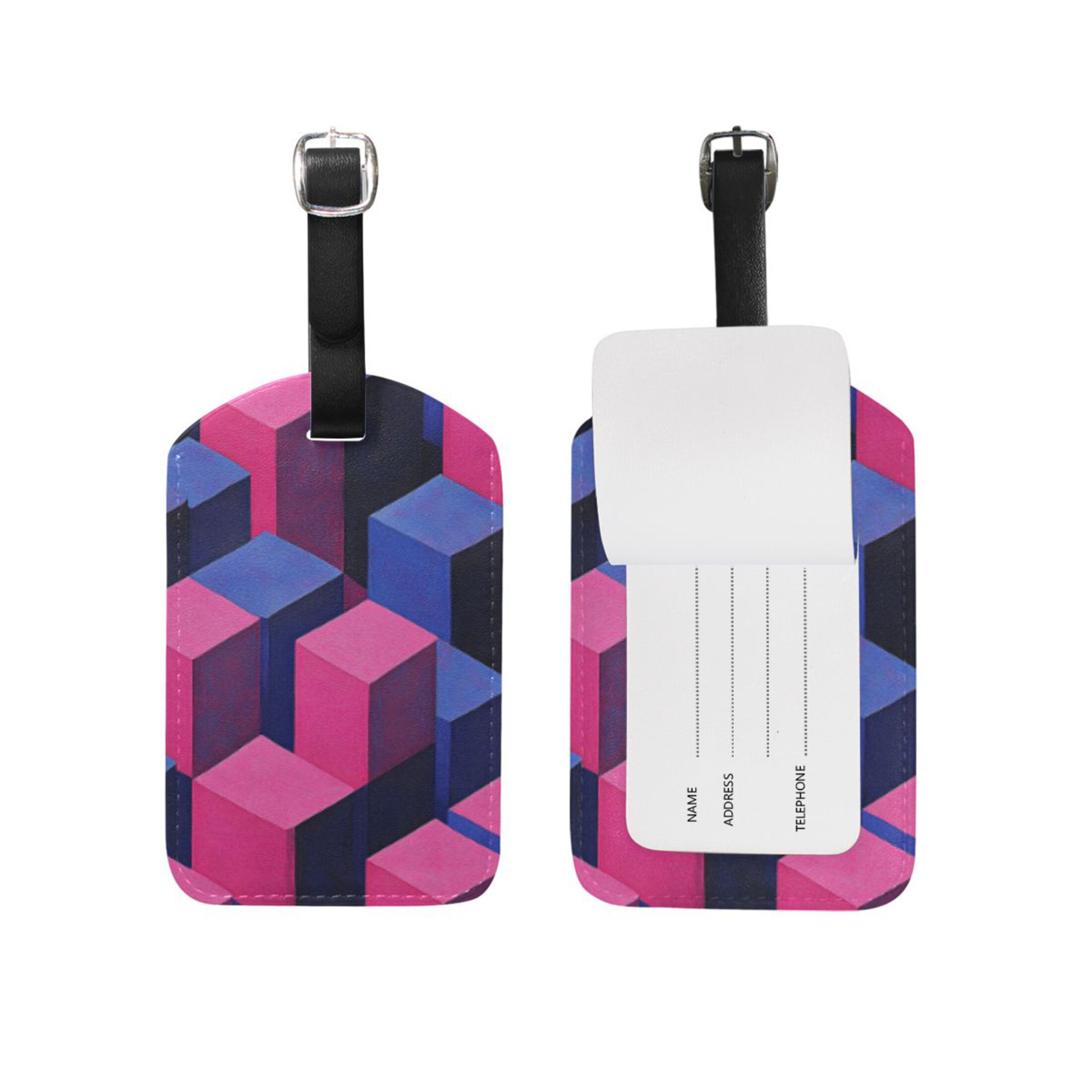 Blue and Pink Square Geometry Luggage Tags PU Leather Name ID Labels ...