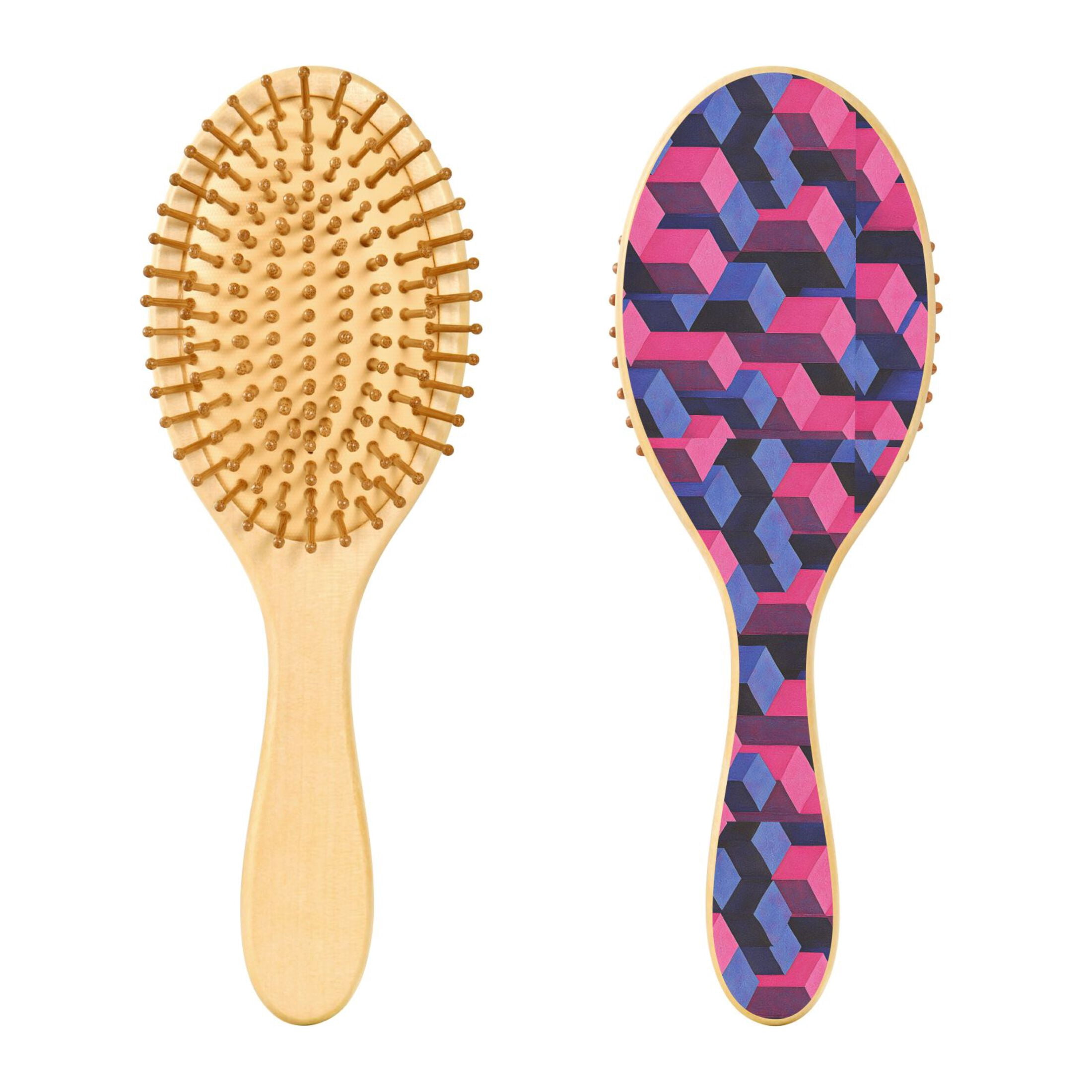 Blue and Pink Square Geometry Wooden Hair Brush Natural Detangling ...