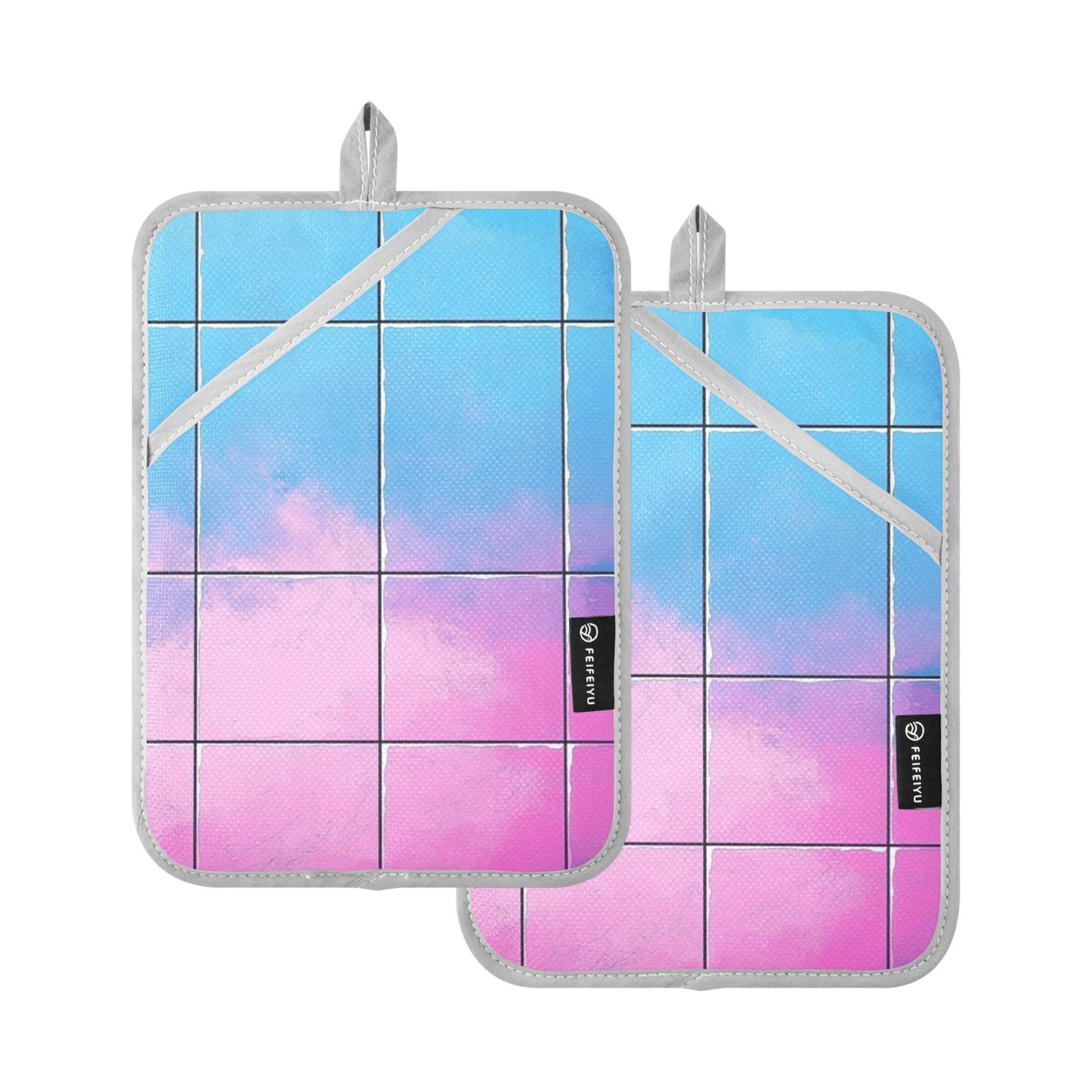 Blue and Pink Square Oven Mitts Pot Holders 2 pcs Heat Resistant for ...