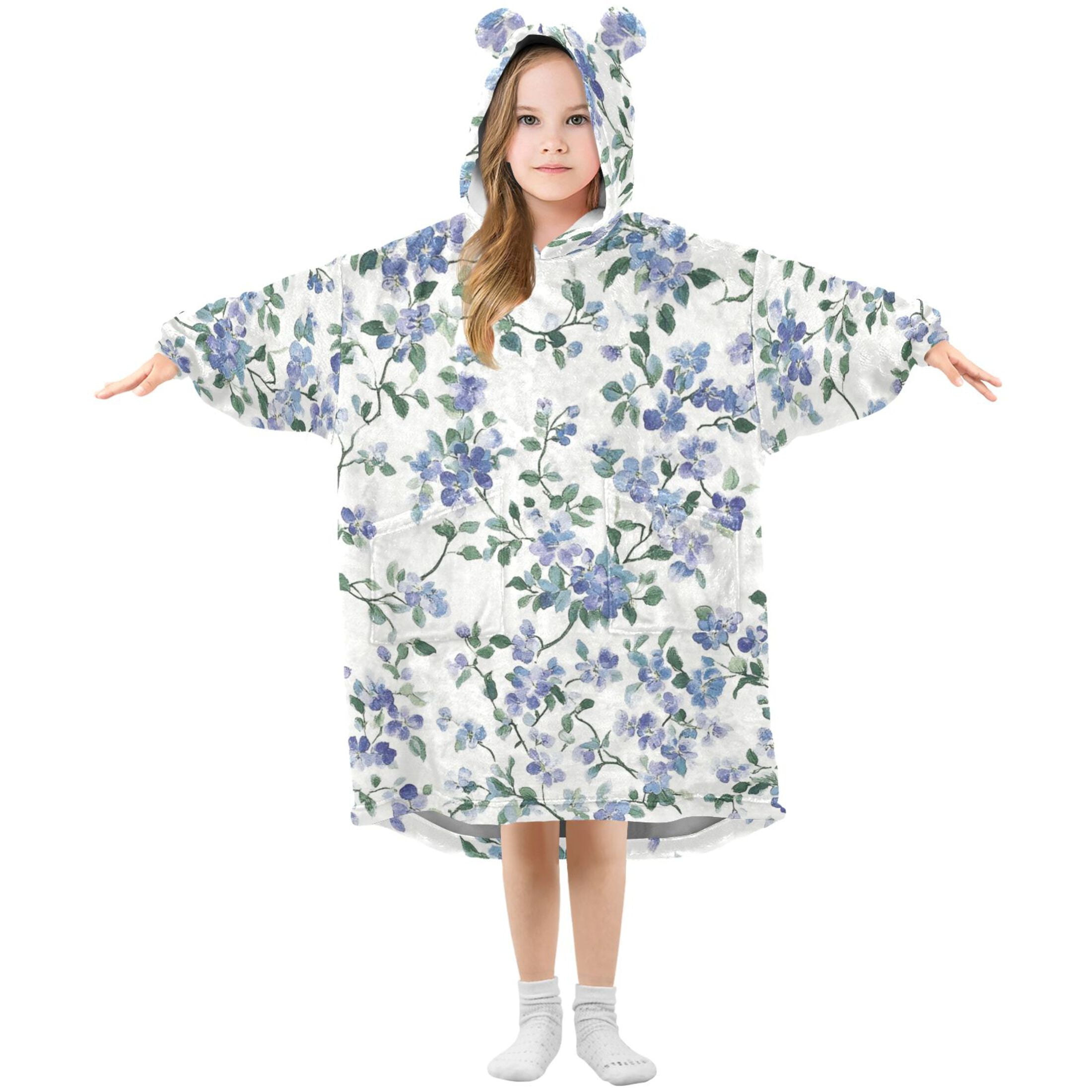 Blue and Purple Flowers Leaves Watercolor Flannel Wearable Blankets ...