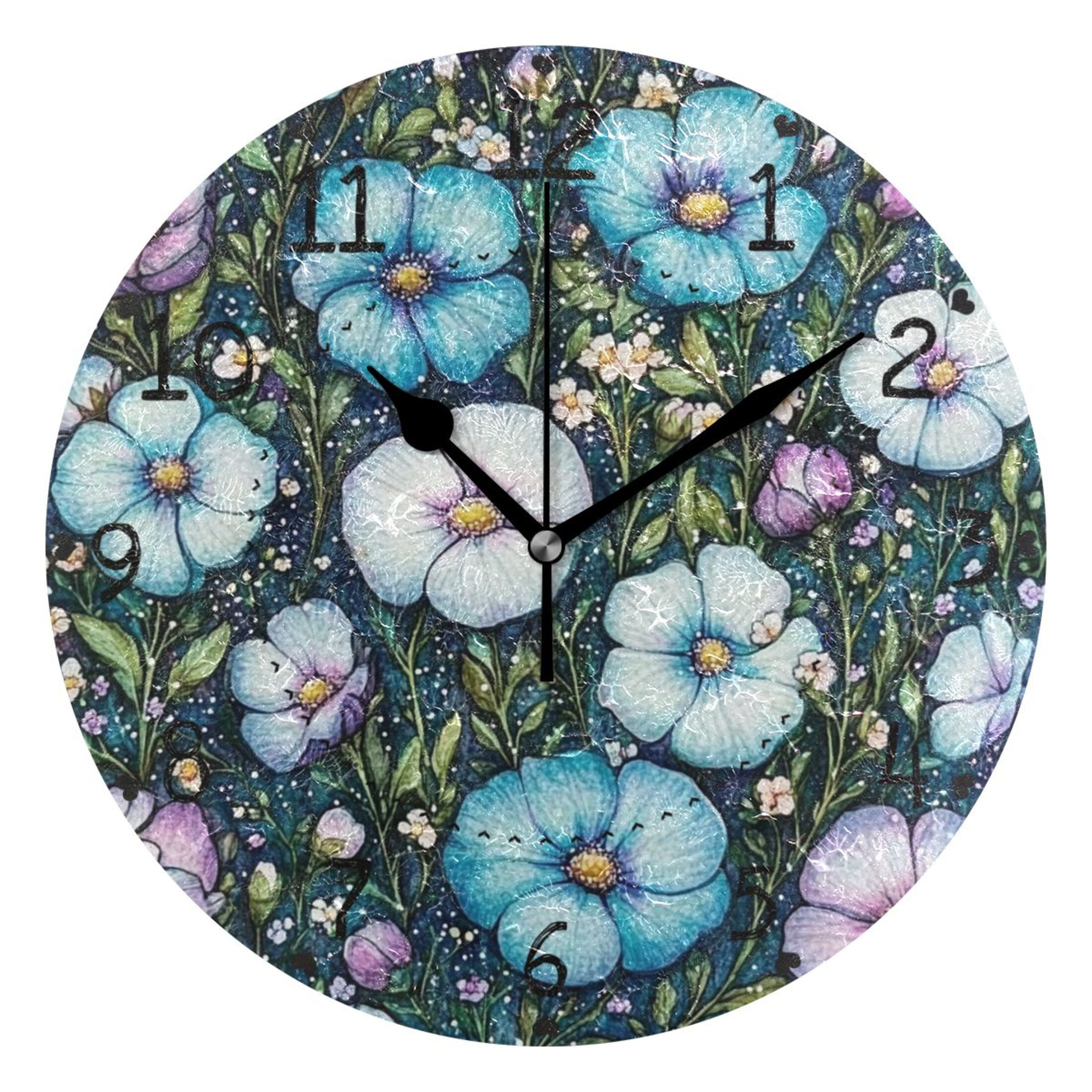 Blue and Purple Wildflowers Round Wall Clock Silent Battery Operated ...
