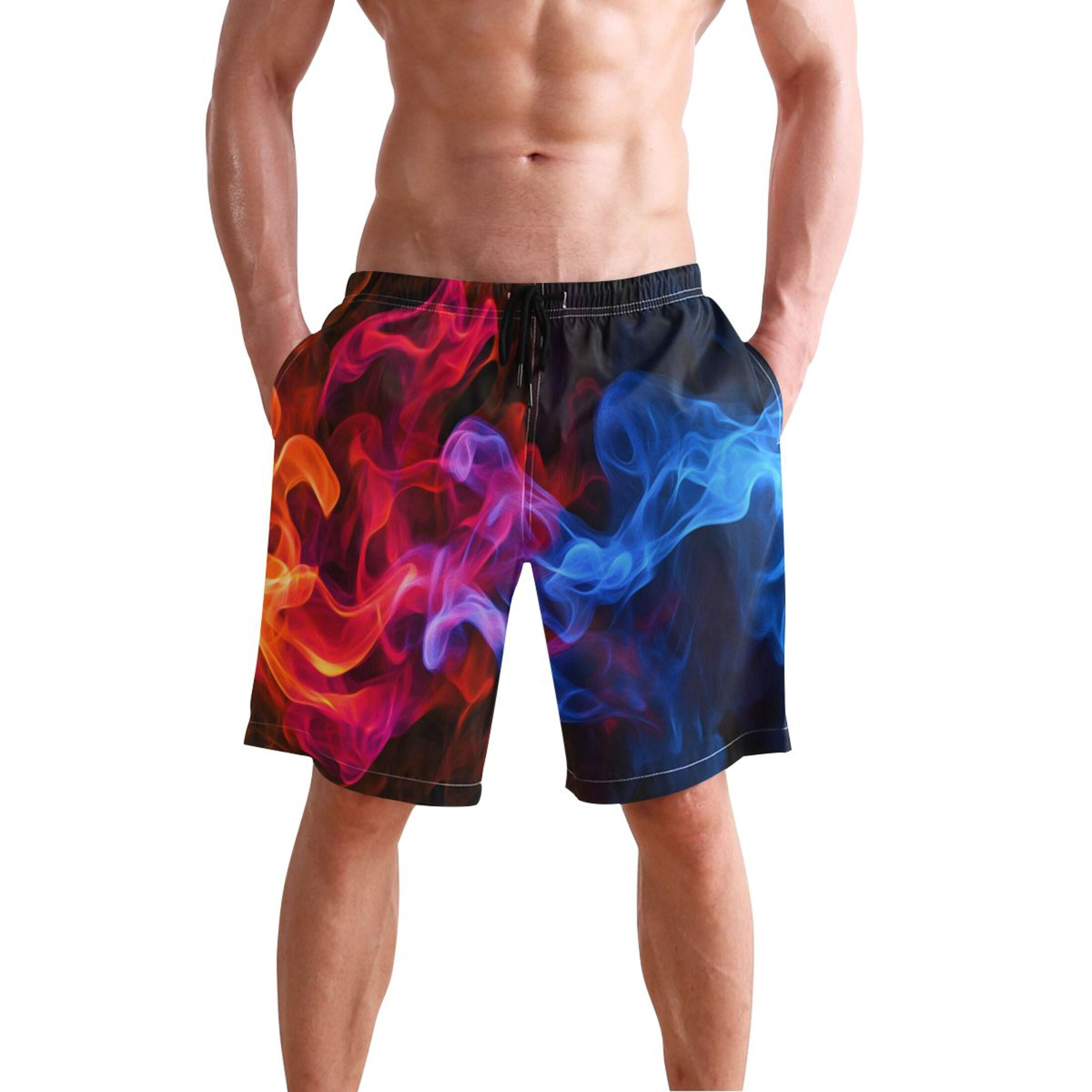 Blue and Red Flame Mixture Men's Swim Trunks Beach Shorts Bathing ...