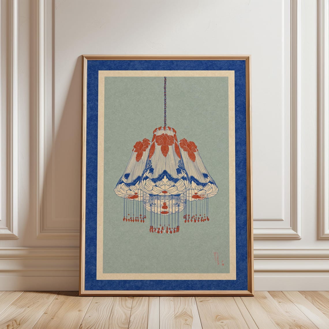 Blue and Red Japanese Chandelier Woodblock Style Oriental Wall Art ...