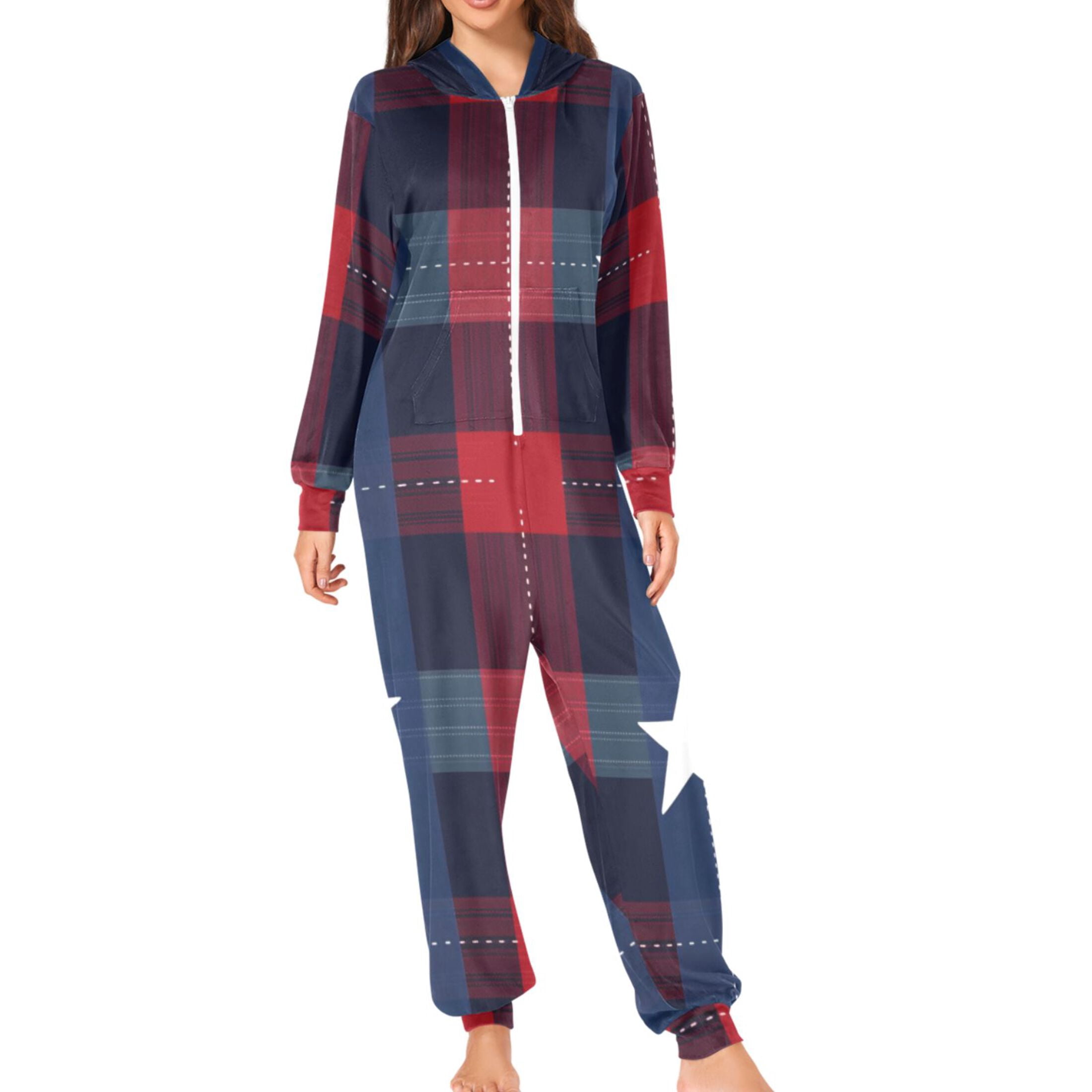 Blue and Red Tartan Plaids Stars Adult's Hoodie Onesie Jumpsuit One ...