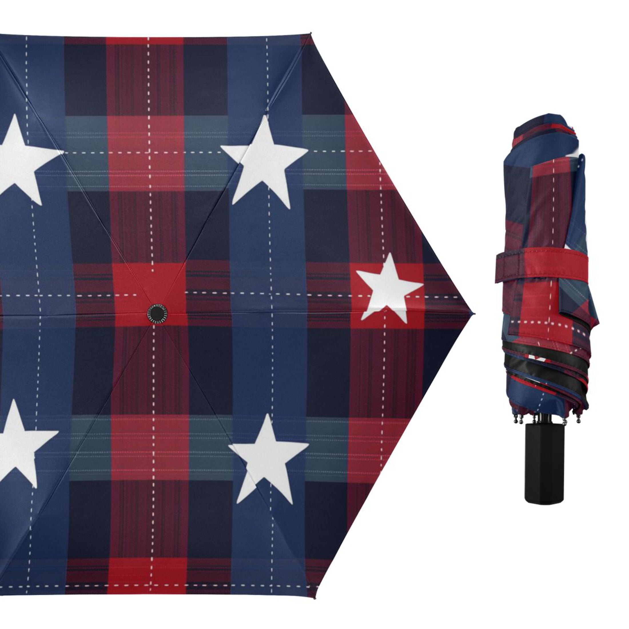 Blue and Red Tartan Plaids Stars All Weather Umbrella Triple Folding ...