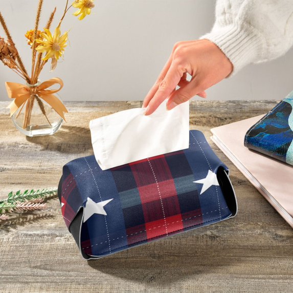 Blue and Red Tartan Plaids Stars Leather Tissue Box Cover Rectangle ...