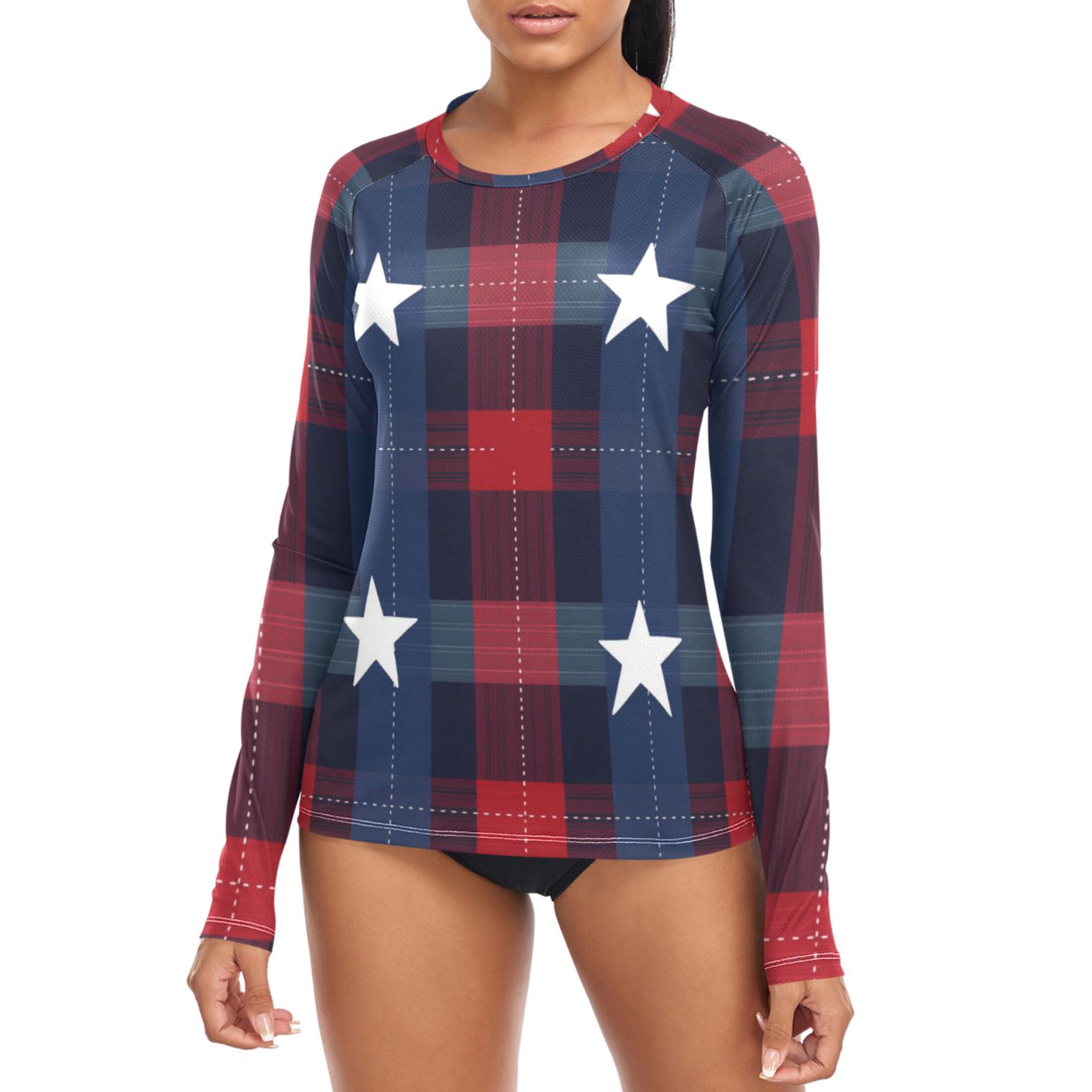 Blue and Red Tartan Plaids Stars Women's Rash Guard Shirts UPF 50+ Sun ...