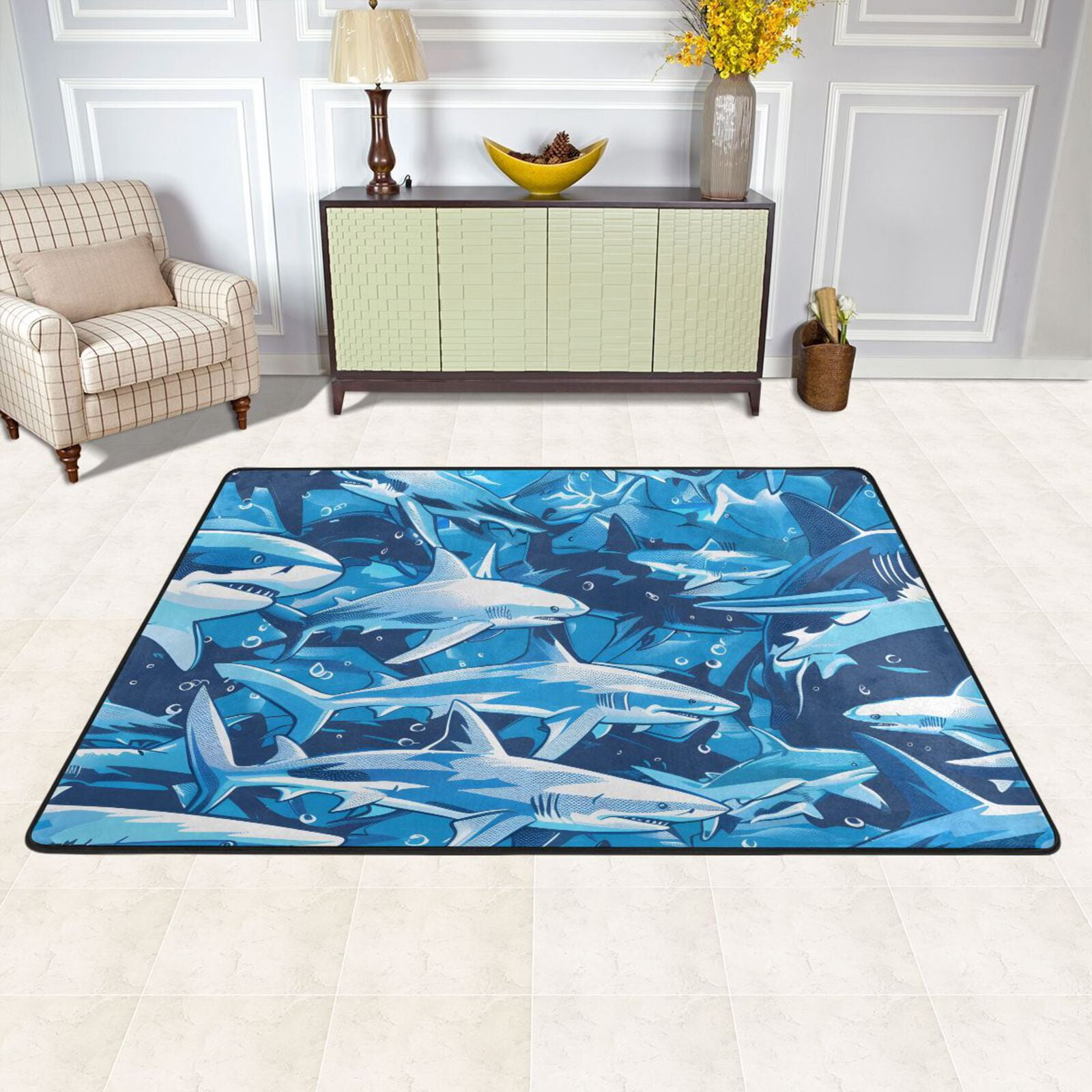 Blue and Sharks Area Rug Washable 72 x 48 Floor Carpet Mat Non Slip for ...
