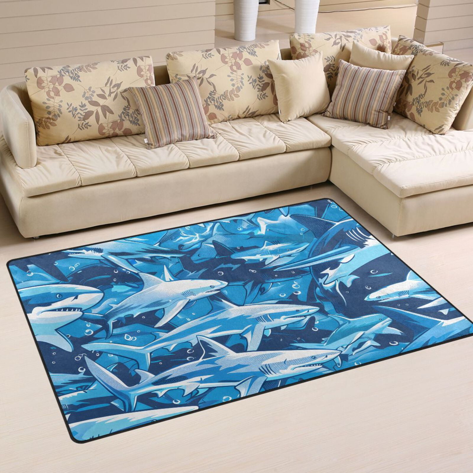 Blue and Sharks Area Rug Washable Floor Carpet Mat 60 x 39 inch for ...