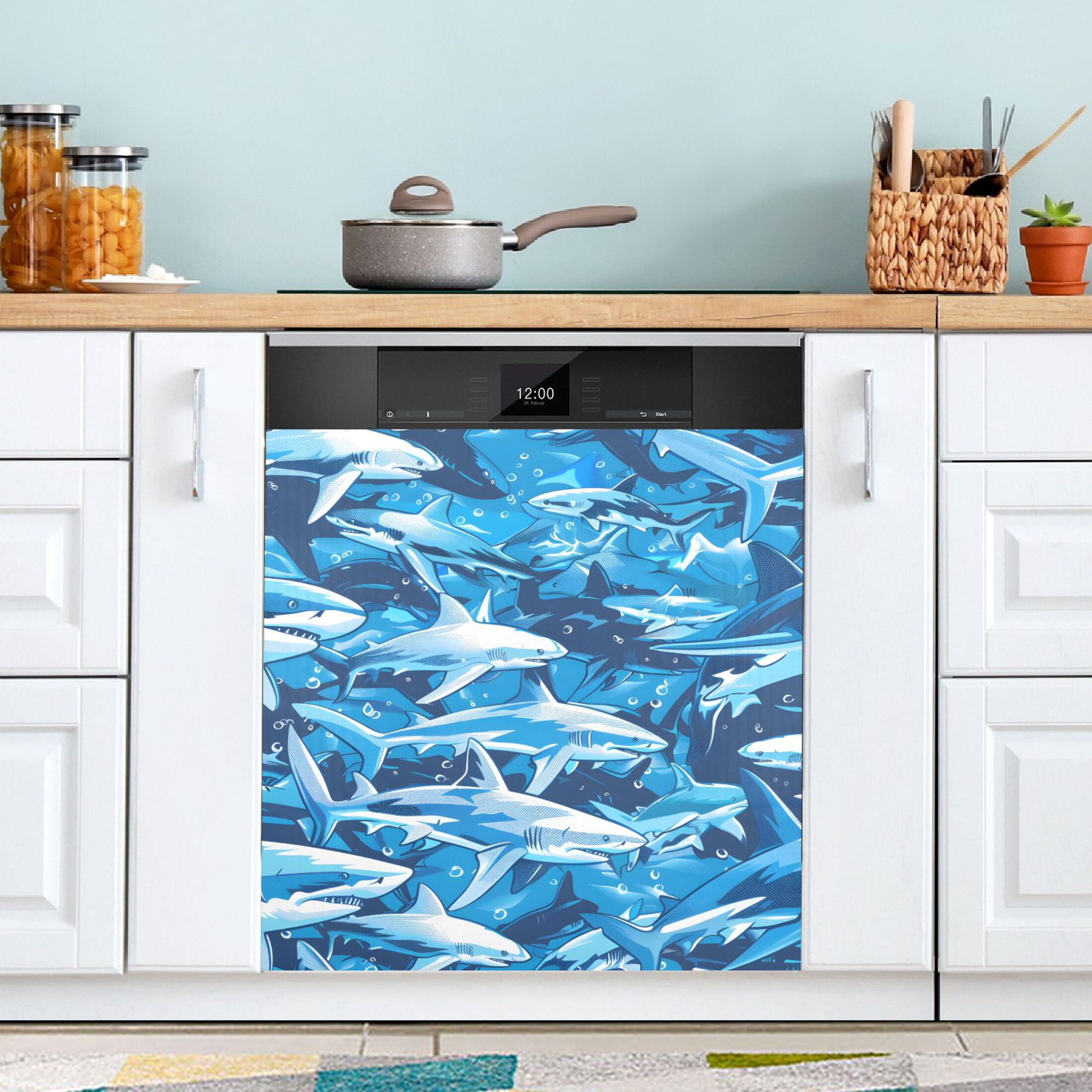 Blue and Sharks Dishwasher Magnetic Covers Magnet Sticker Kitchen Decor ...