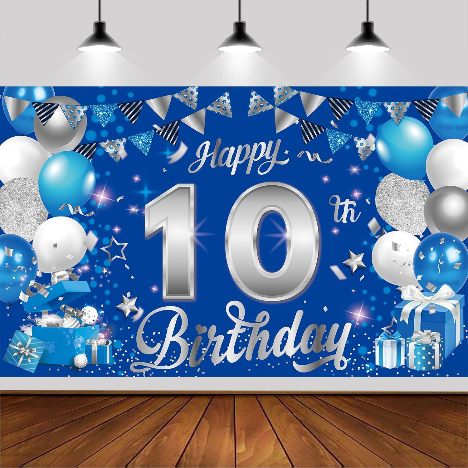 Blue and Silver 10th Birthday Backdrop,Blue Silver Happy Birthday ...