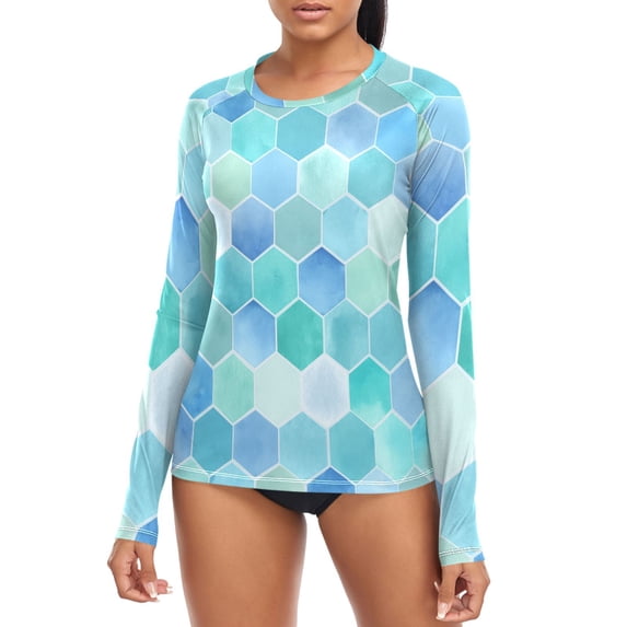 Blue and Teal Honeybomb Women's Rash Guard Shirts UPF 50+ Sun ...