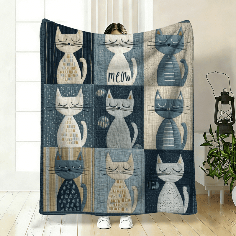 Blue and White Cat-Themed Polyester Flannel Blanket – Soft, Warm Throw ...