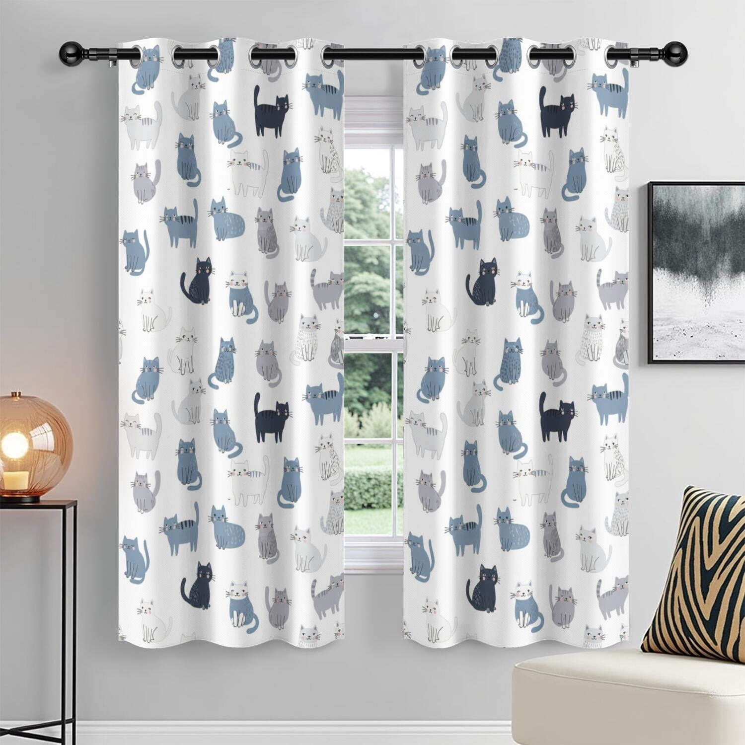 Blue and White Cat White Pattern Blackout Curtains,Triple Weaved Fabric ...