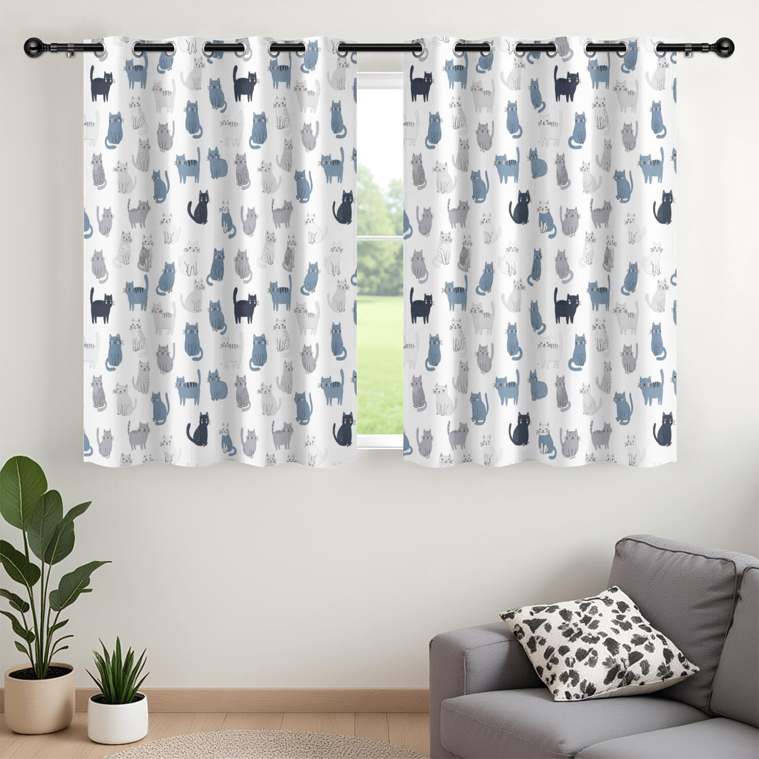 Blue and White Cat White Pattern Blackout Curtains,Triple Weaved Fabric ...