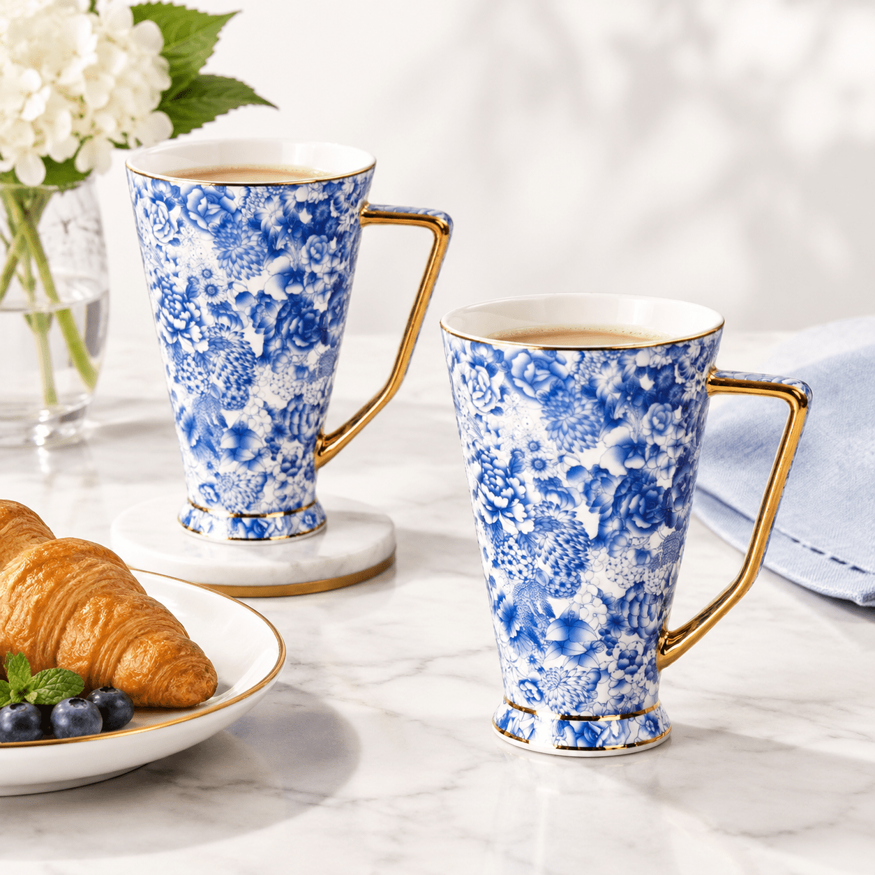 Blue-and-White Ceramic Coffee Mug Set of 2, 18.6oz Large Porcelain Tea ...