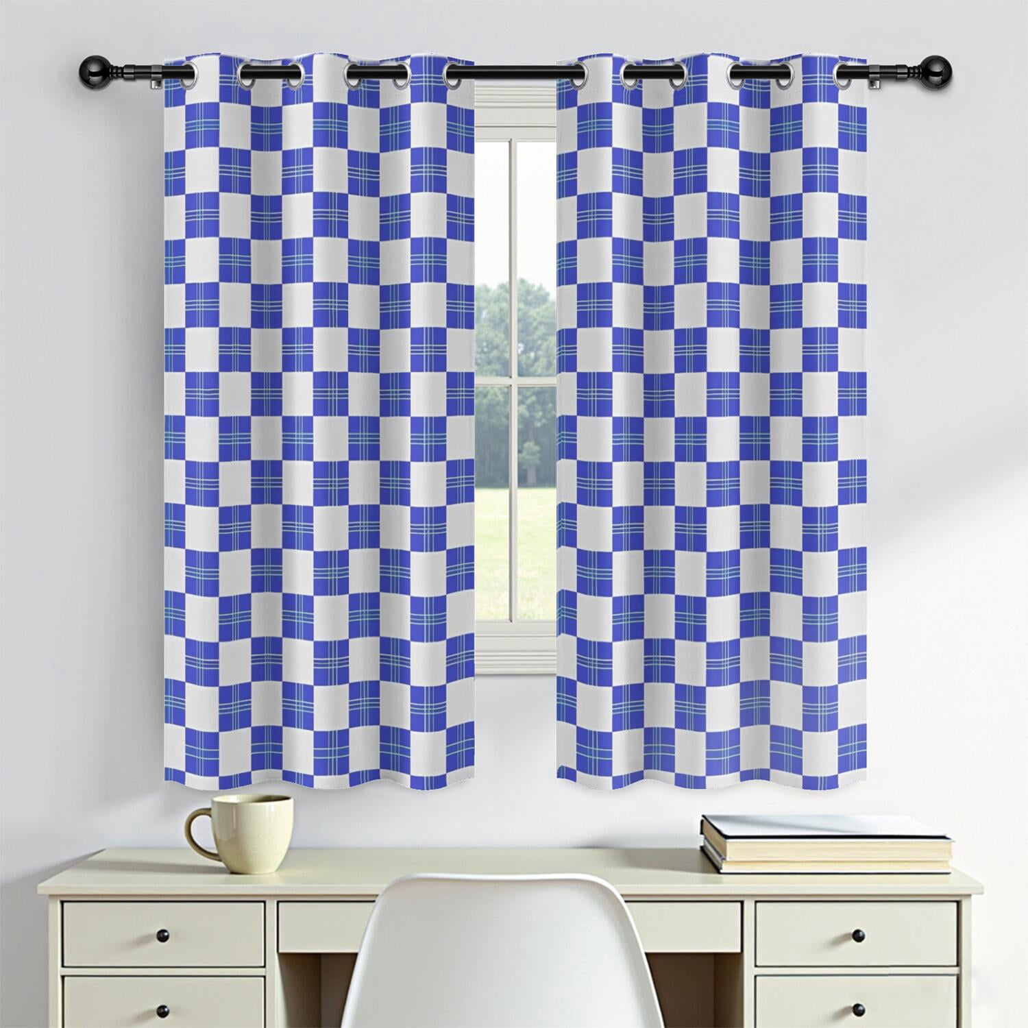 Blue and White Checkered Pattern Blackout Curtains,Triple Weaved Fabric ...