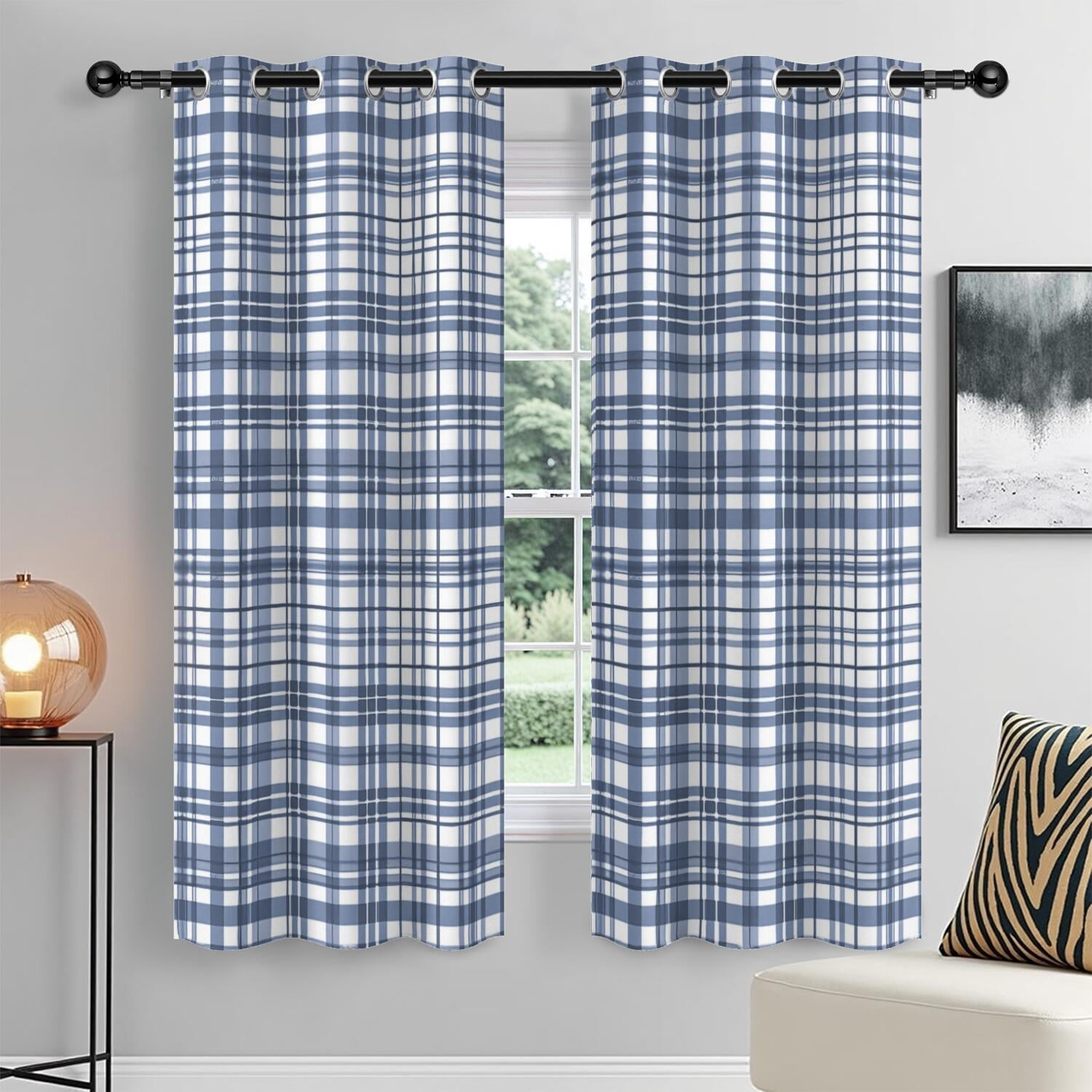 Blue and White Checkered Pattern Blackout Curtains,Triple Weaved Fabric ...
