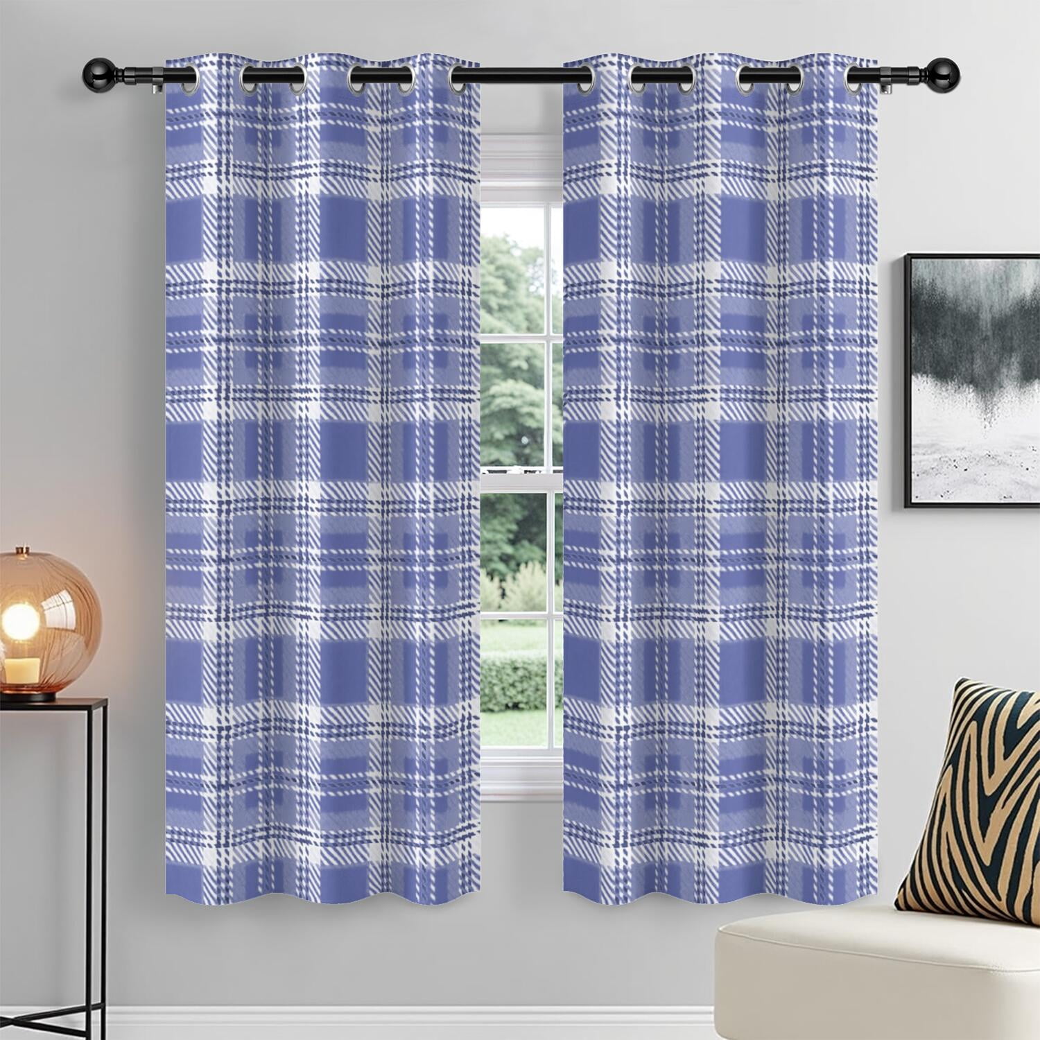 Blue and White Checkered Pattern Blackout Curtains,Triple Weaved Fabric ...