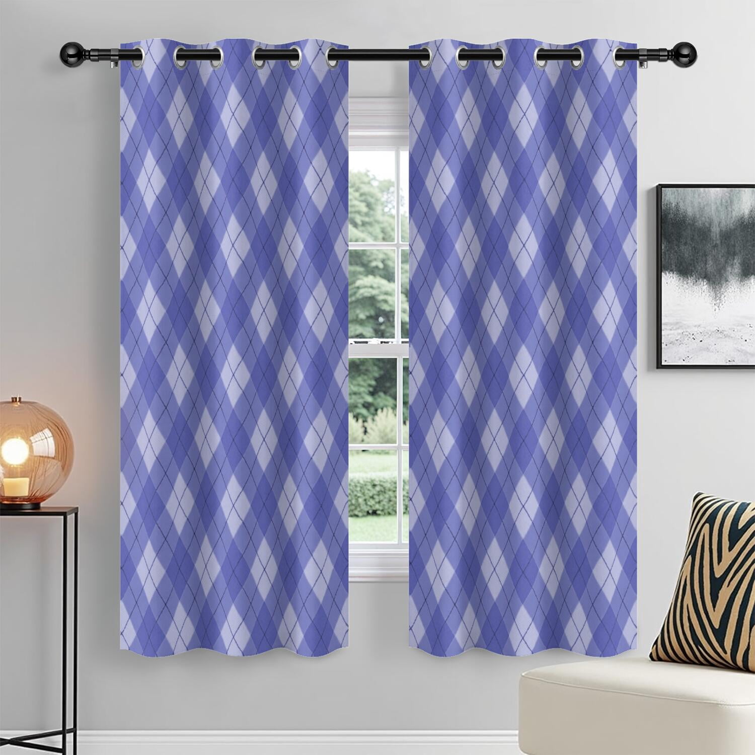 Blue and White Checkered Pattern Blackout Curtains,Triple Weaved Fabric ...