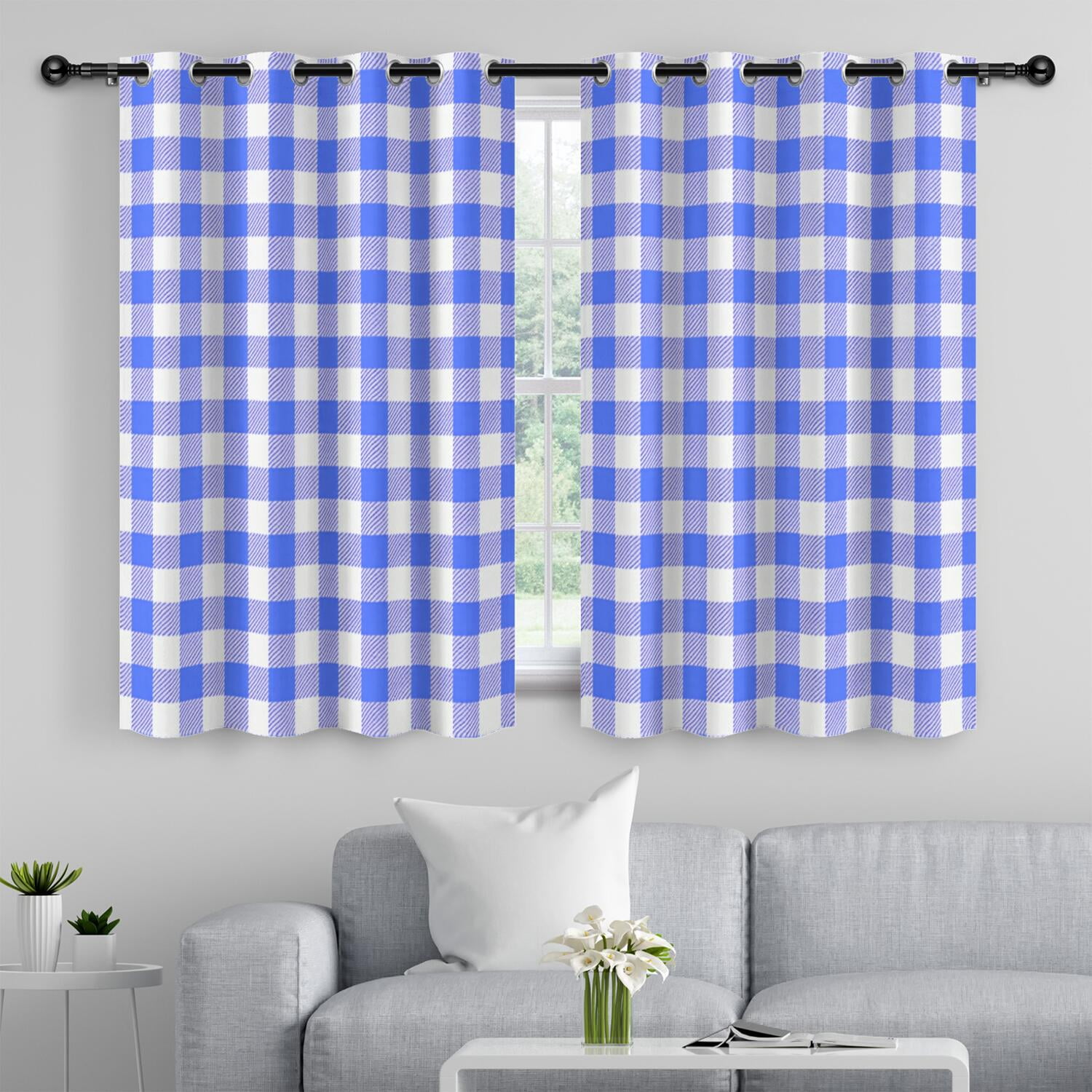 Blue and White Checkered Pattern Blackout Curtains,Triple Weaved Fabric ...