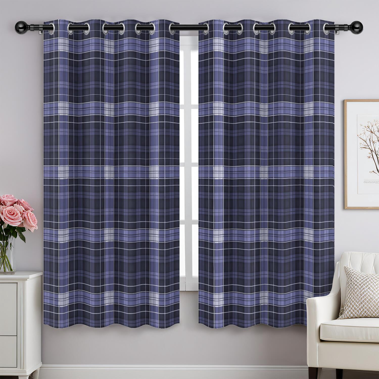 Blue and White Checkered Pattern Blackout Curtains,Triple Weaved Fabric ...
