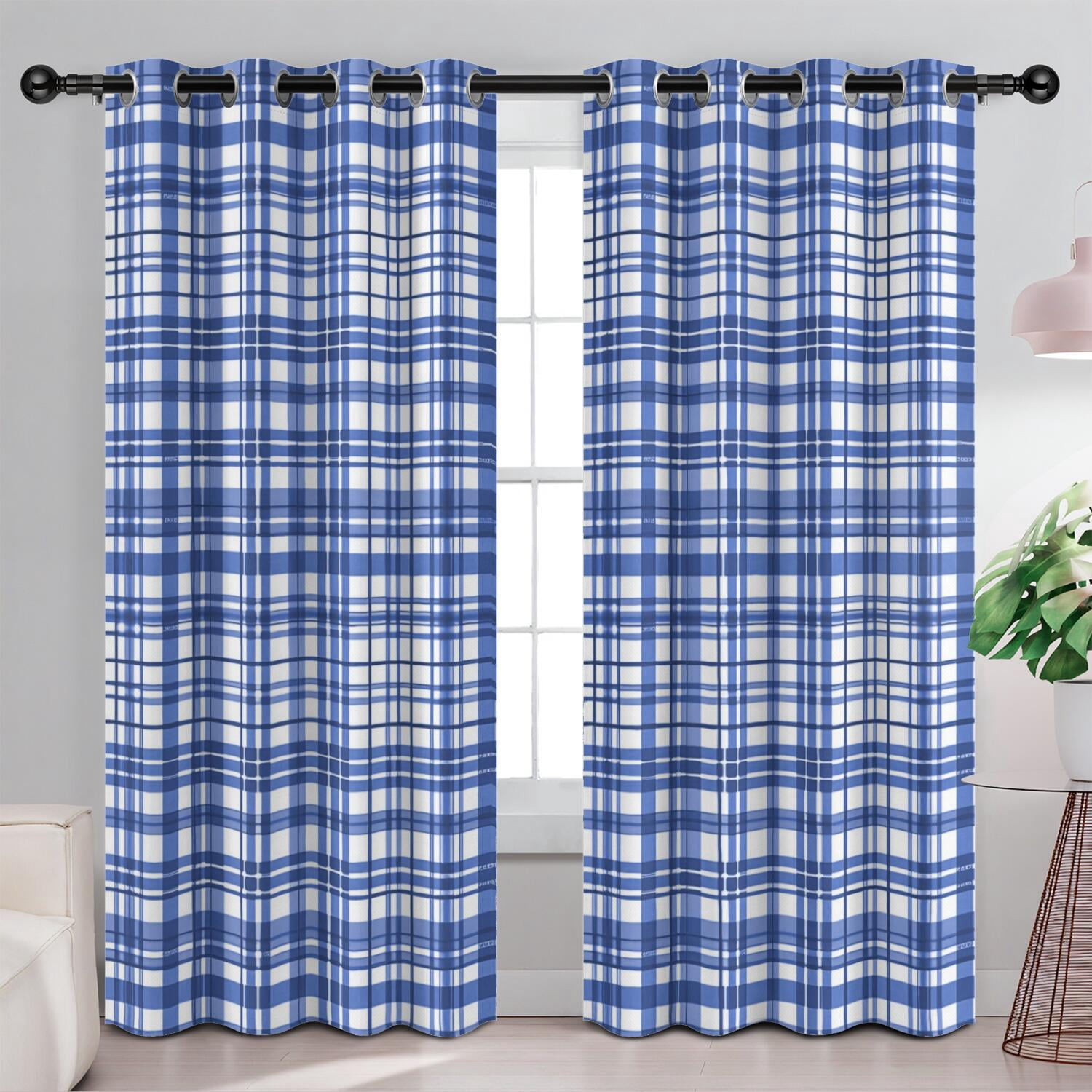 Blue and White Checkered Pattern Blackout Curtains,Triple Weaved Fabric ...