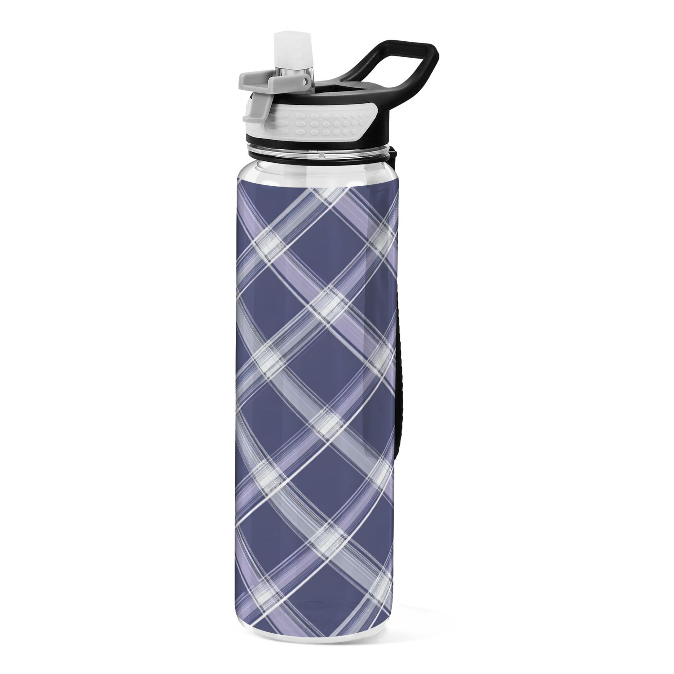 Blue and White Checkered Pattern Sport Water Bottle Tritan with Straw ...