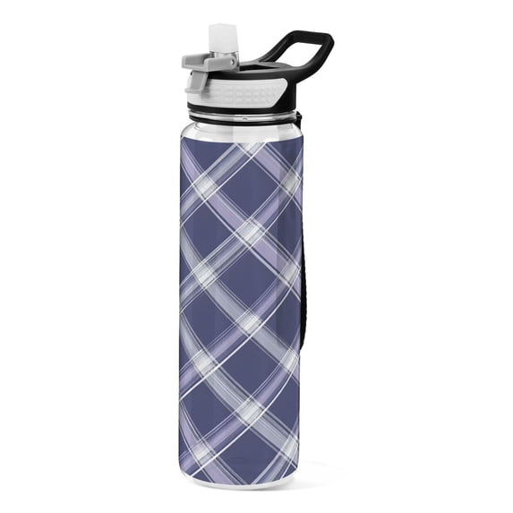 Blue and White Checkered Pattern Sport Water Bottle Tritan with Straw ...