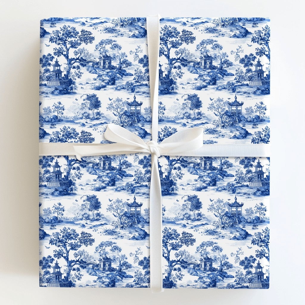 Blue and White Chinoiserie Toile Pagoda Landscape Gift Wrapping Paper ...