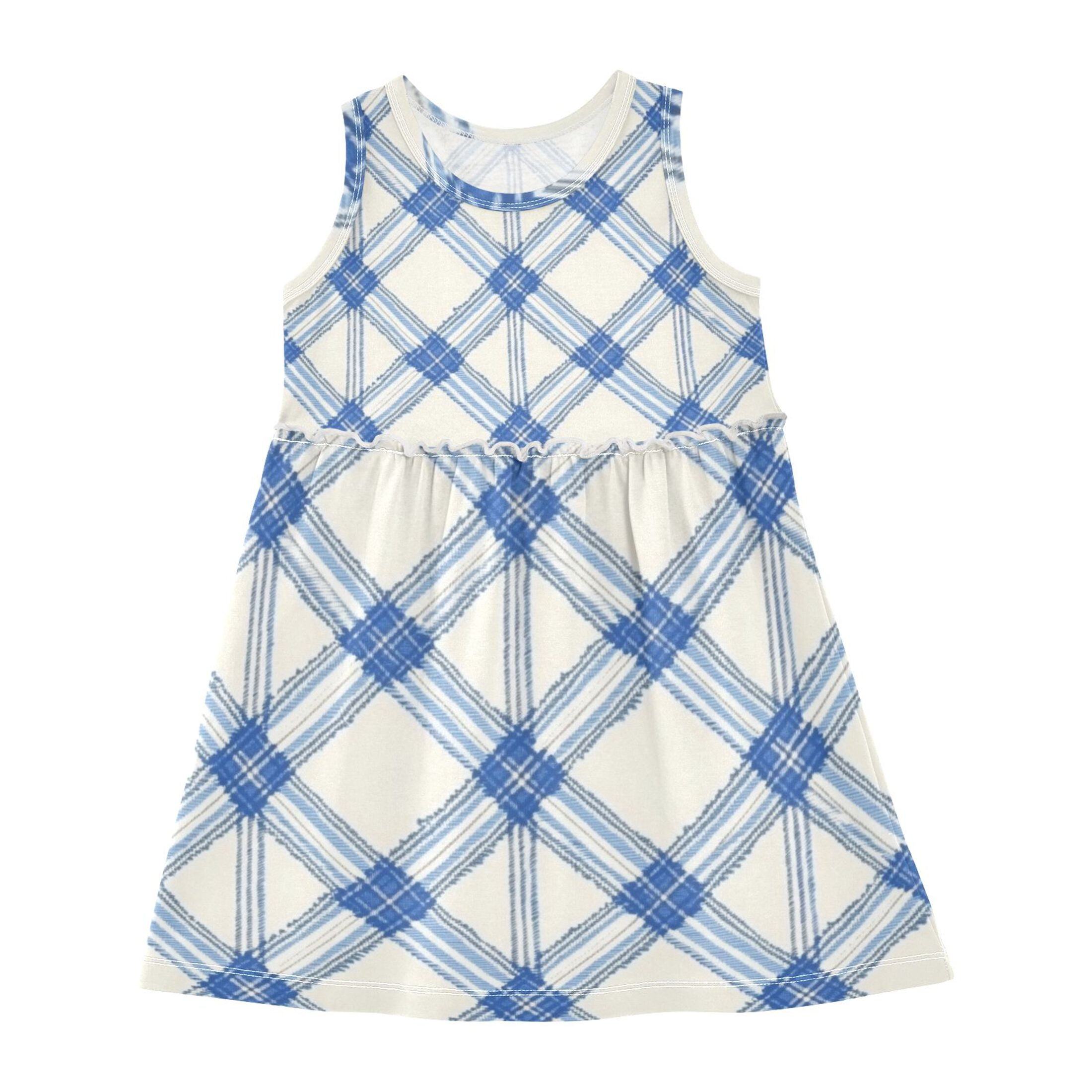 Blue and White Diagonal Plaids Pattern Girls' Sleeveless Dress A-Line ...