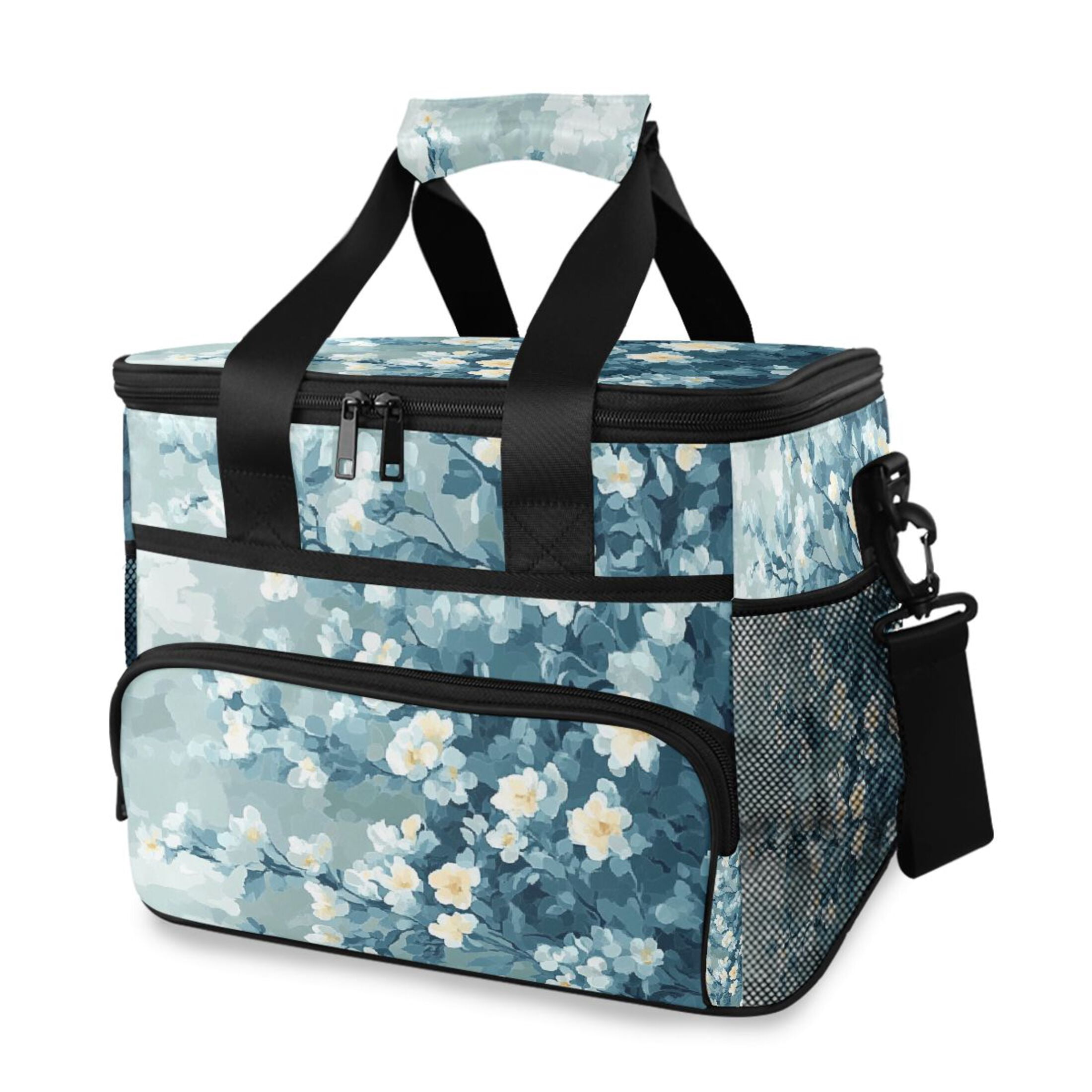 Blue and White Floral Art Insulated Lunch Bag 15L Cooler Box for Women ...