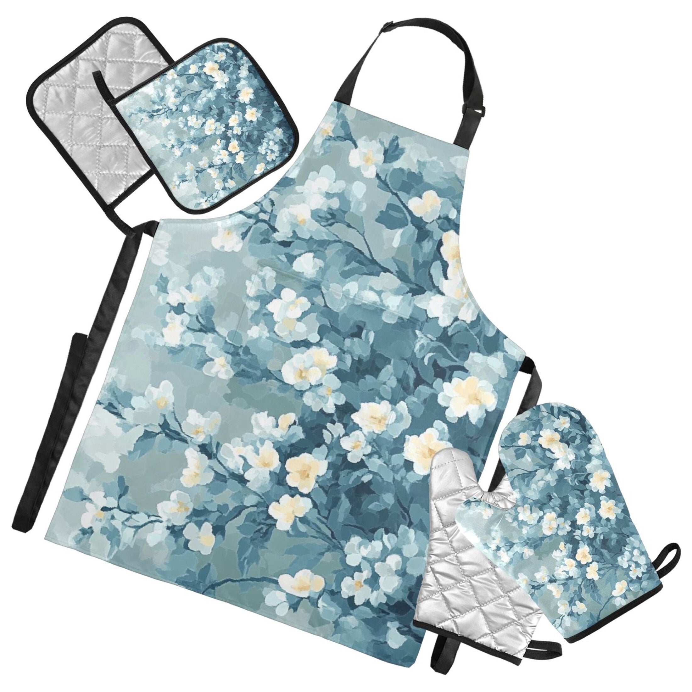 Blue and White Floral Art Oven Mitts and Pot Holders with Chef Apron ...