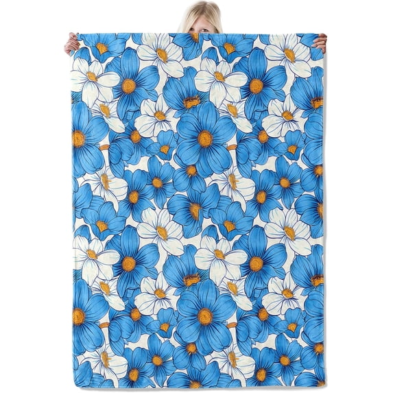 Blue and White Floral Blooming Throw Blanket, Throw Blanket for Flannel ...