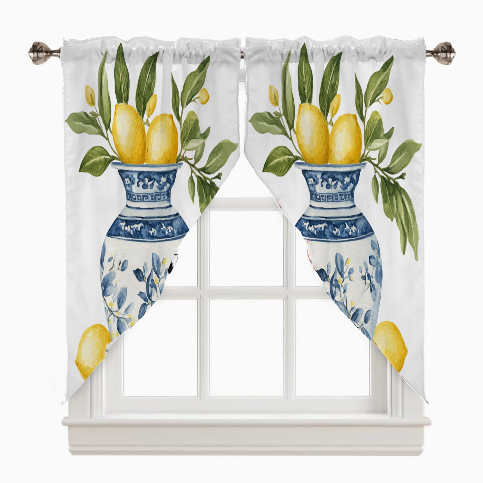 Blue and White Floral Vase with Lemons Curtains Swag Valance Rod Pocket ...