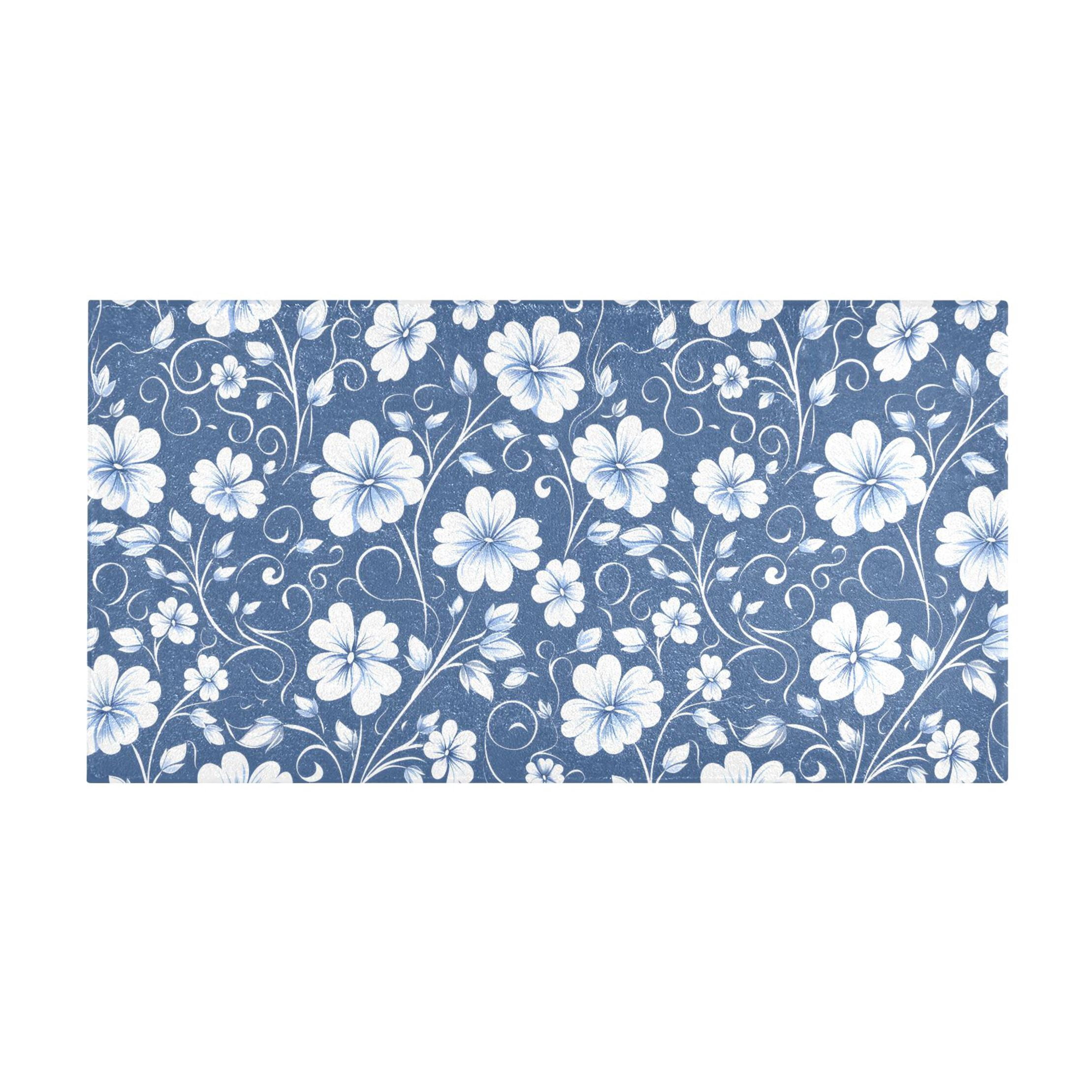 Blue and White Flowers Pattern Bath Mat 39x20 Inch Soft Absorbent Non ...