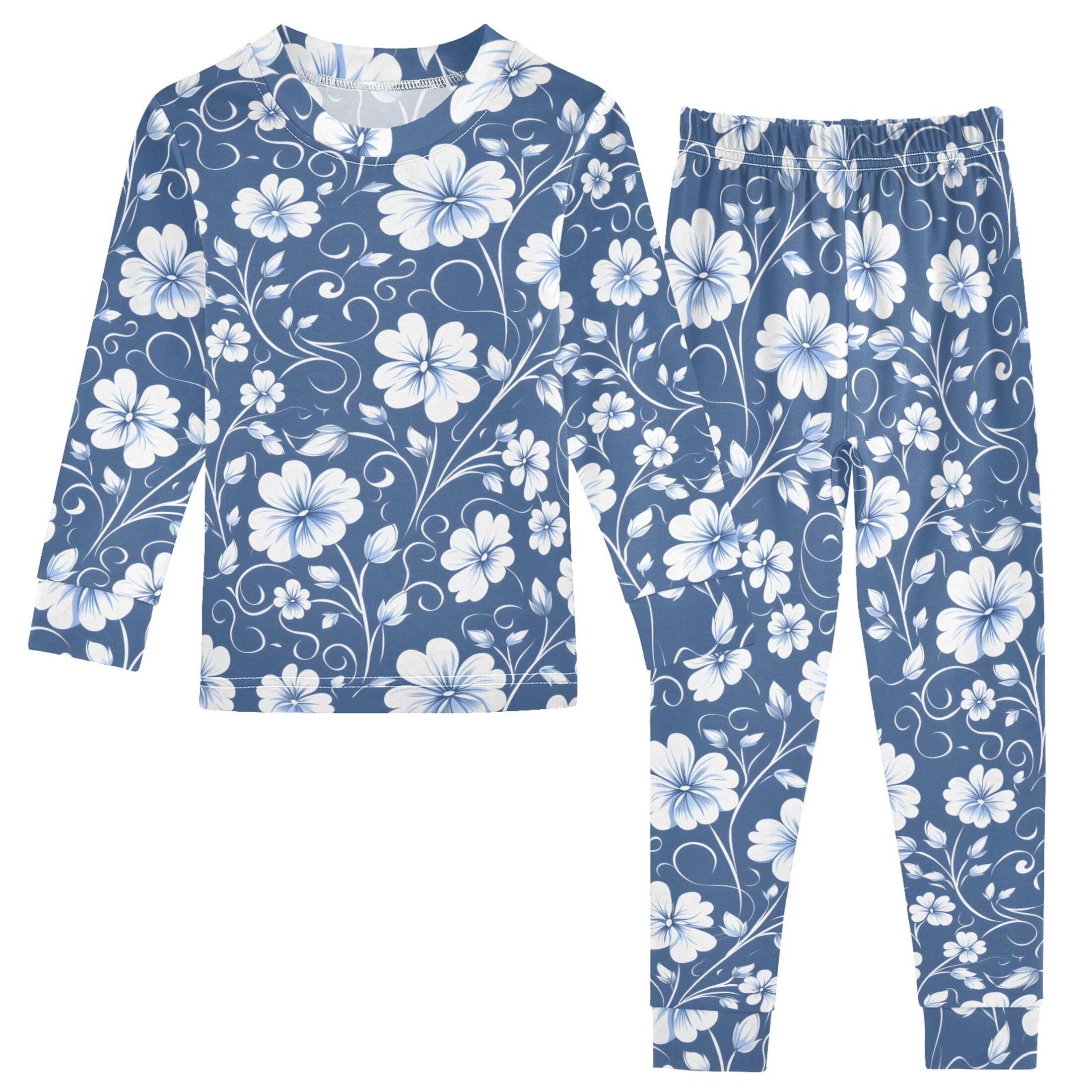 Blue and White Flowers Pattern Cotton Pajamas 2 Piece Set Sleepwear ...